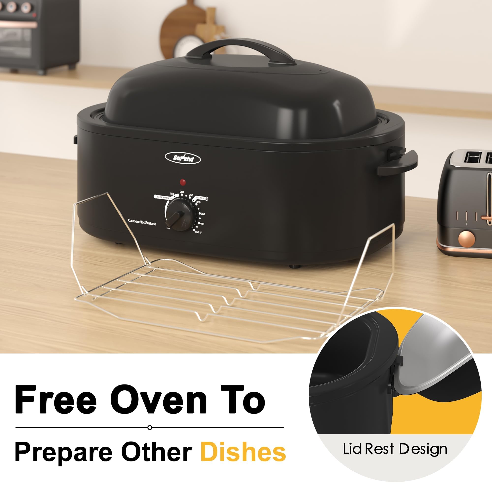 Royalcraft Roaster Oven with Self-Basting Lid, 18qt Electric Roaster with Removable Pan & Rack, Turkey Roaster Oven with Defrost & Warm Function, Stainless Steel, Black