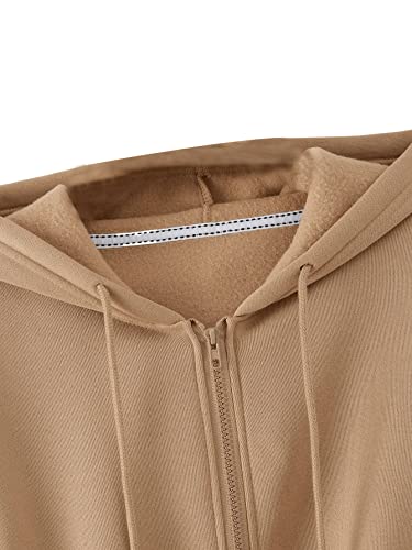 SweatyRocks Women's Long Sleeve Drawstring Full Zip Hooded Jacket Crop Sweatshirt Khaki L