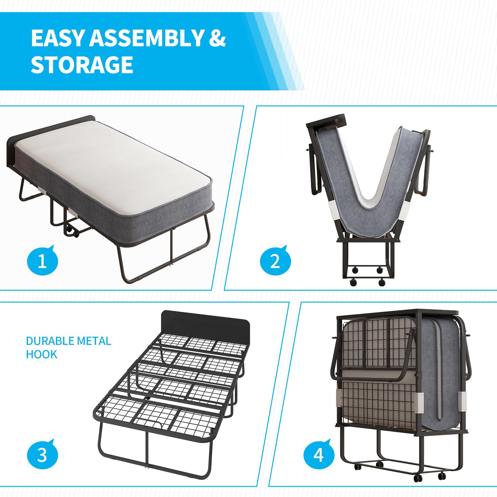 Horgaeo Folding Bed with 5 Inch Mattress Twin Size Portable Foldable Guest Bed with Headboard for Adults, Fold Up Rollaway Bed with Metal Frame and Dust Cover, Space Saving, 75 x 31