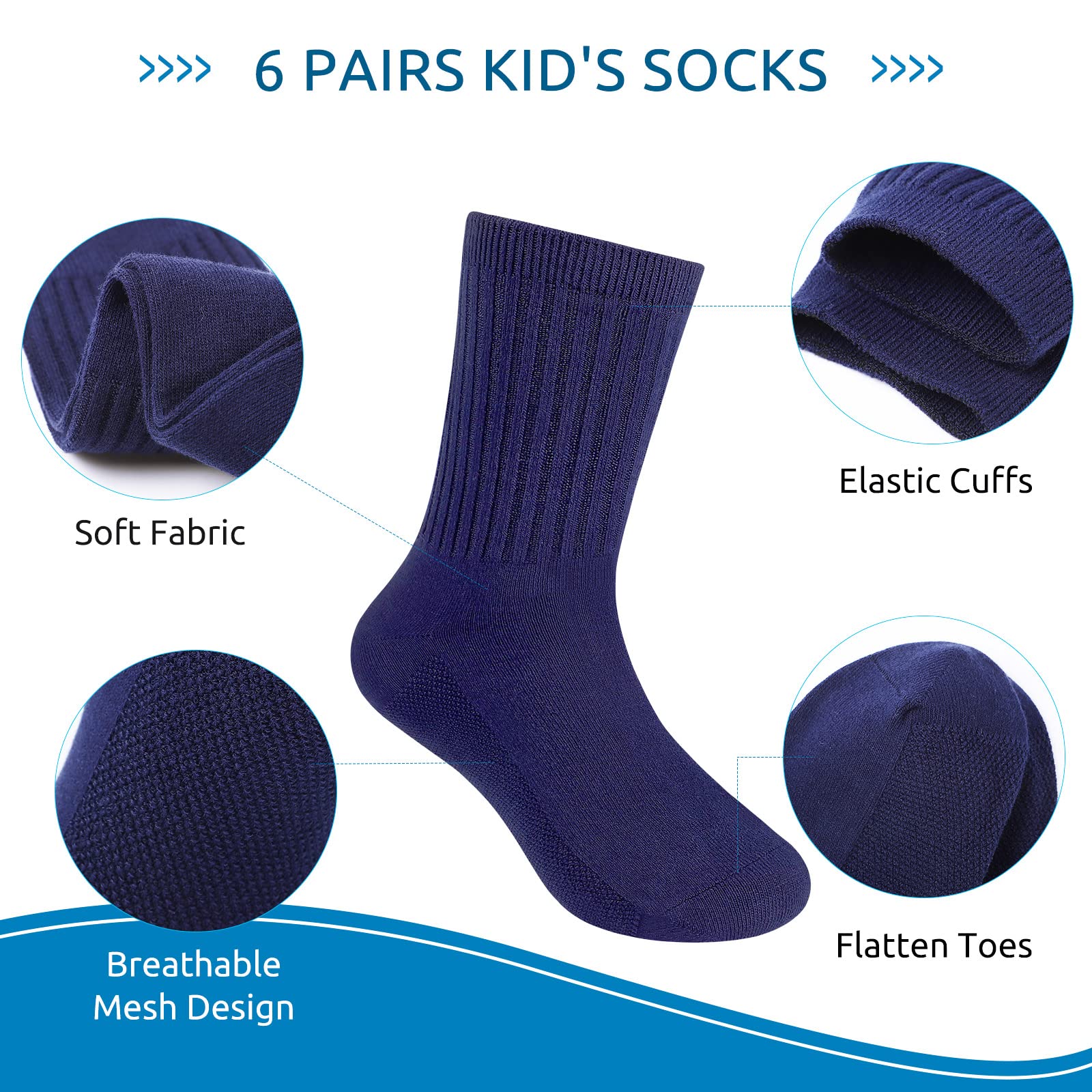 KEREDA Boys Girls Cushioned Crew Socks Athletic Training Socks for Active Kids 6 Pairs 7-10 Years Navy