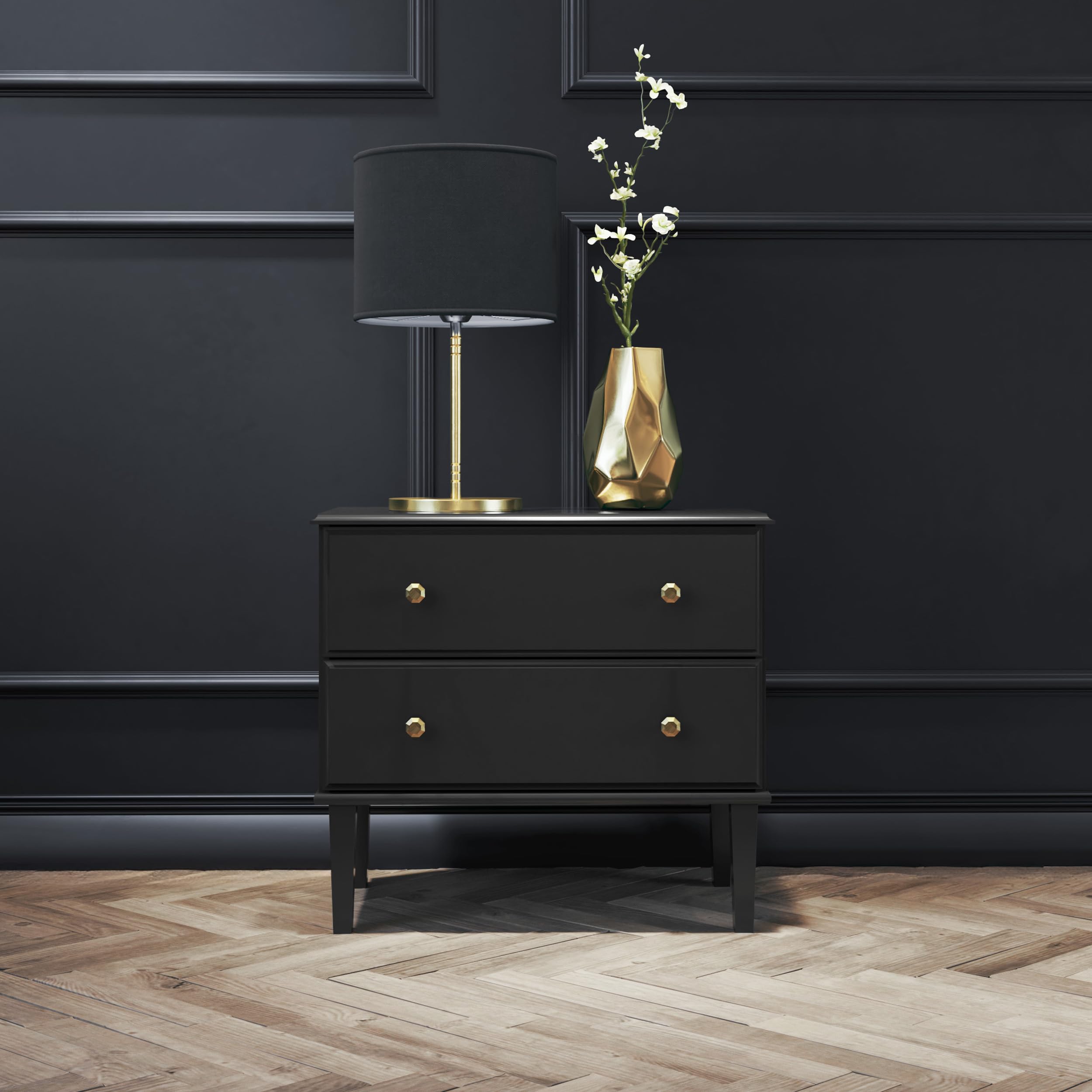 Prepac Lux Nightstand Bedside Table, Black Nightstand for Bedroom, End Table with 2 Drawers 16" D x 27.75" W x 25" H, BDNR-2302-1