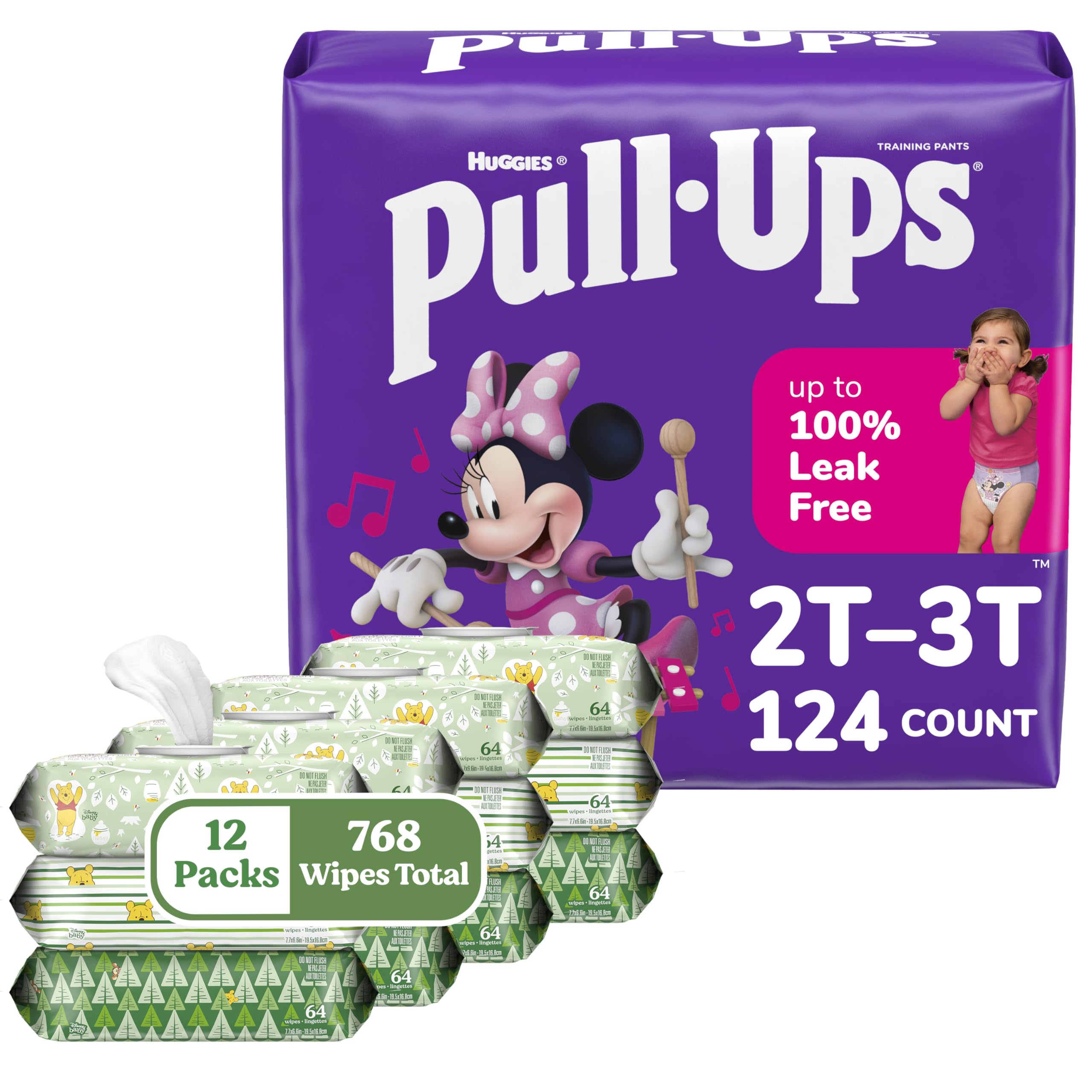 Pull-Ups Girls Training Pants & Wipes Bundle: Pull-Ups Training Pants for Girls Size 2T-3T, 124ct & Huggies Natural Care Sensitive Wipes, Unscented, 12 Packs (768 Wipes Total) (Packaging May Vary)