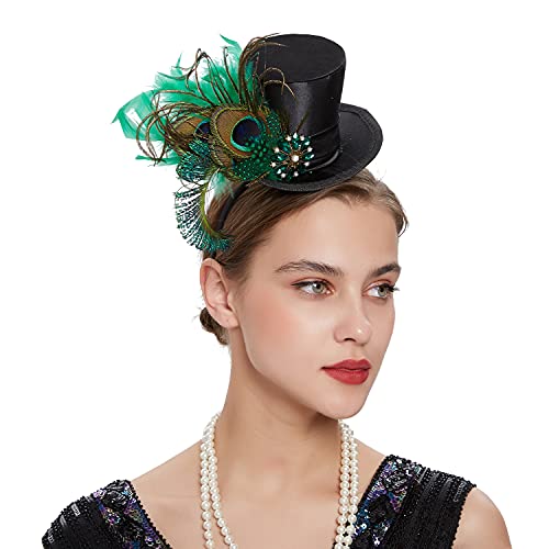 LATIMOON Mini Top Hat Fascinator Headband Peacock Feather Top Hat for Derby Tea Party