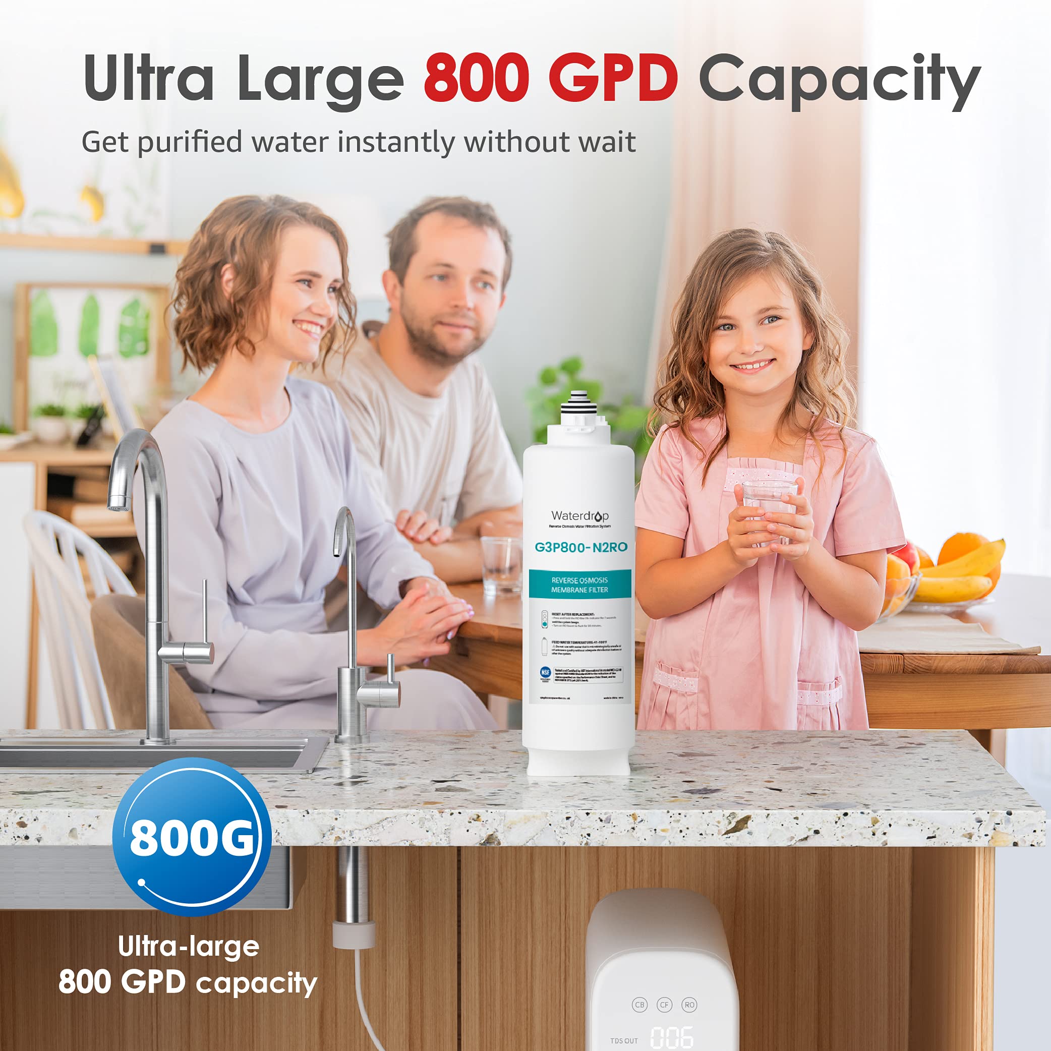 Waterdrop WD-G3P800-N2RO Filter, Replacement for WD-G3P800-W Tankless Reverse Osmosis System, Reduce PFAS, 2-year Lifetime