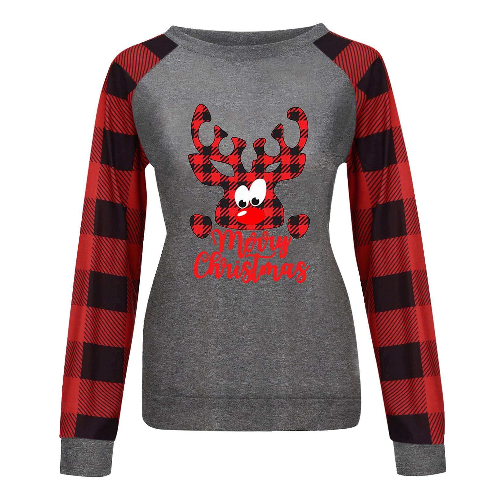 Pullovers For Women Casual Christmas Print Pullover Oversized Long Sleeve Tees Fashion Casual Hoodie Tops Baseball T-Shirt Red