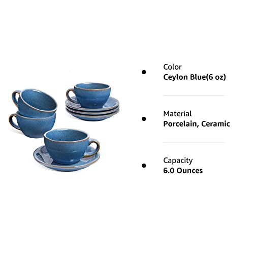 LE TAUCI 6 oz Cappuccino Cups with Saucers,Ceramic Coffee Cup for Au Lait, Double shot, Latte, Cafe Mocha, Tea - Set of 4, Ceylon Blue