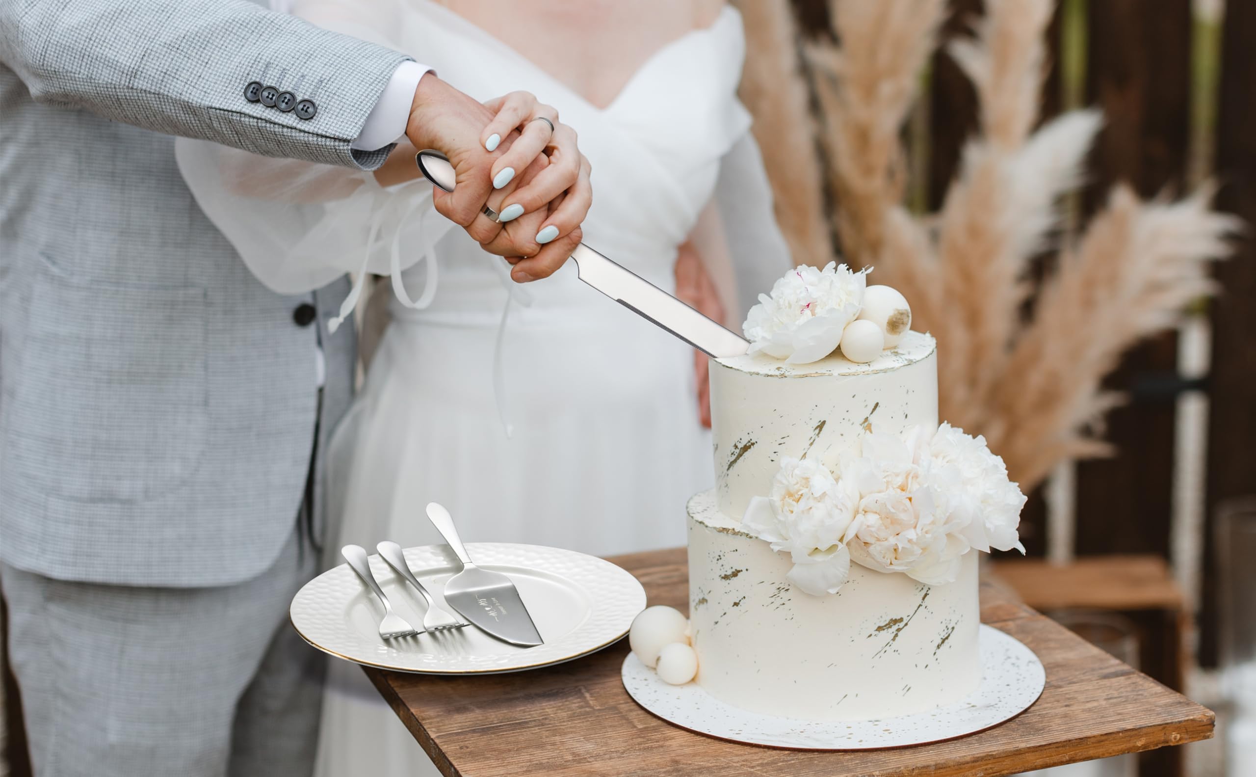 ROXBURGH Wedding Cake Knife and Server Set, Engraved Mr and Mrs Silver Forks Cake Cutting Set Pie Dessert Servers for Wedding Anniversary Bridal Shower Engagement