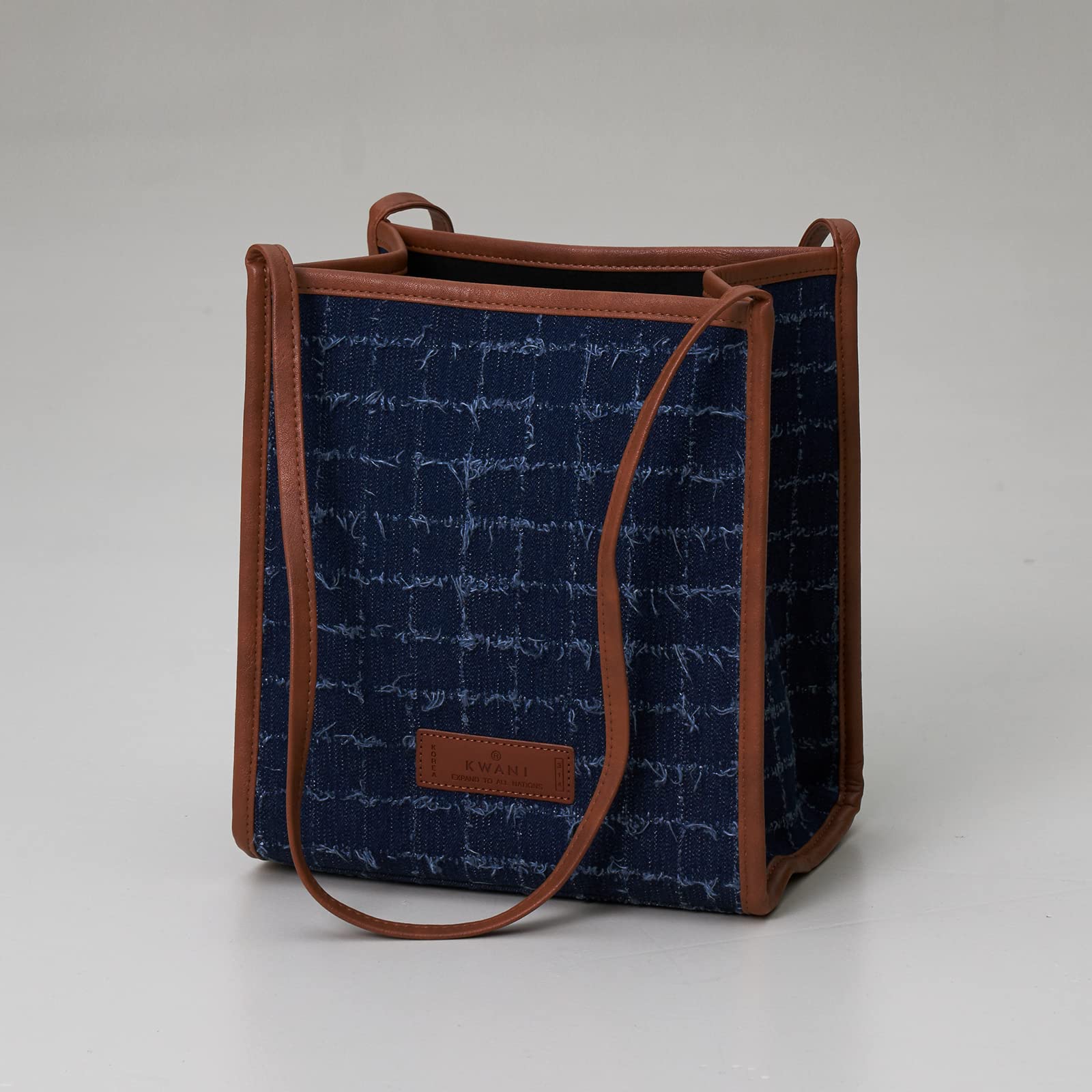 KWANI Grid Frayed Denim Tote Shoulder Bags for Women and Ladies (Denim Blue)