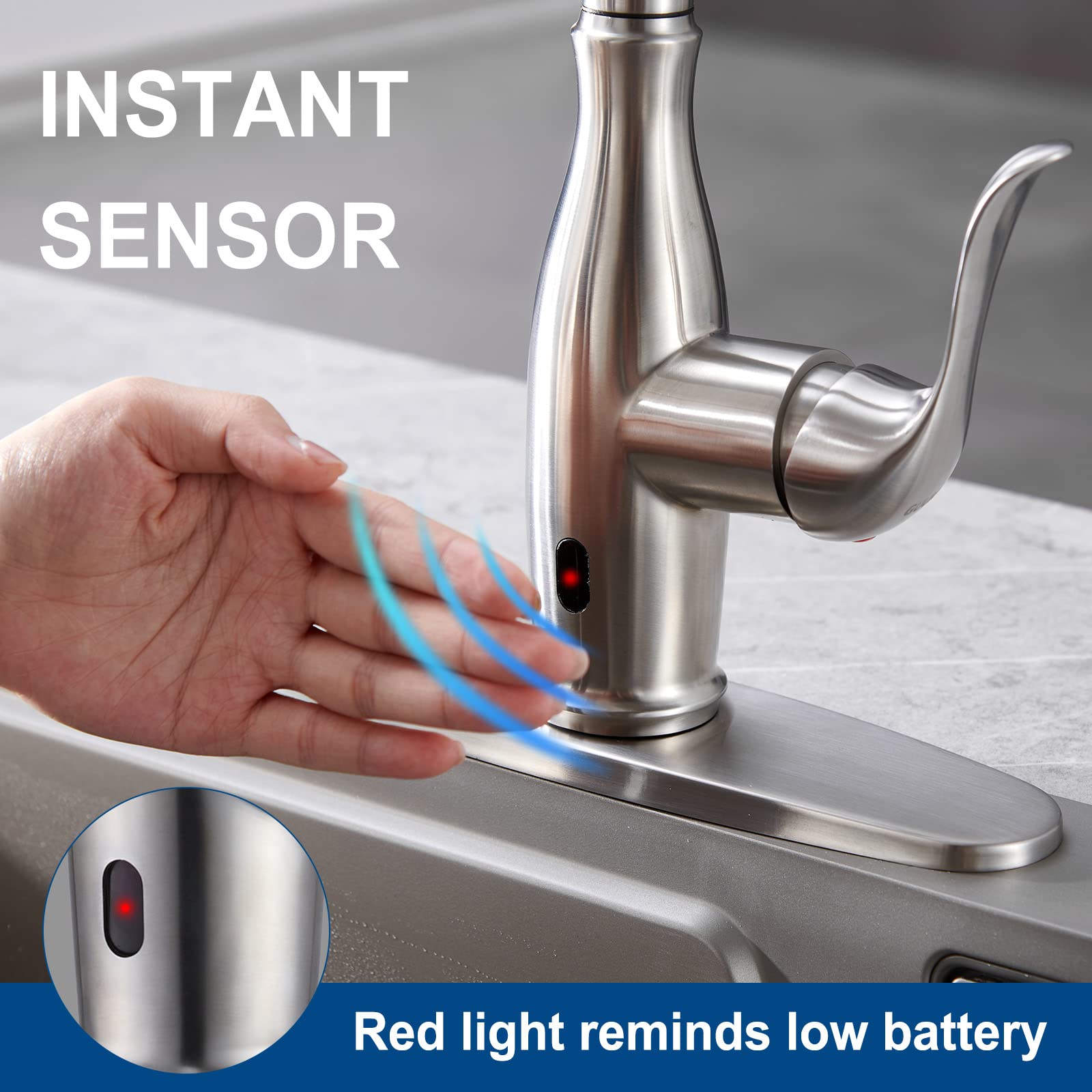 GUUKAR Touchless Kitchen Faucet with Pull Down Sprayer, Motion Sensor Smart Hands-Free Automatic Single Handle Kitchen Sink Faucet, Stainless Steel Brushed Nickel Finish