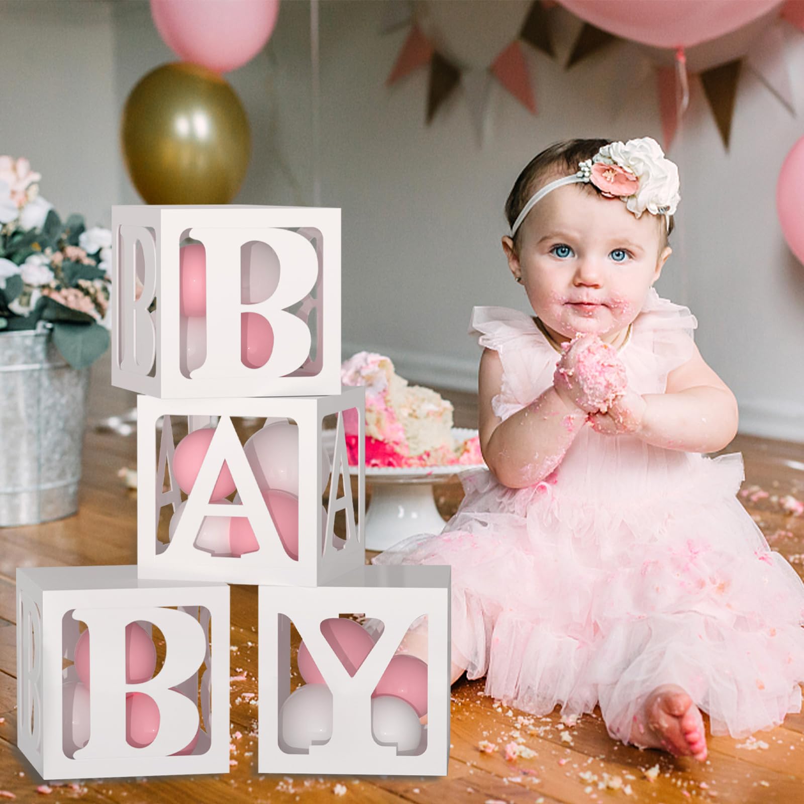 JHSDSCZ Baby Boxes with Letters for Baby Shower,White Clear Balloon Blocks for Gender Reveal Decorations Baby Shower Birthday Party Decorations(White)