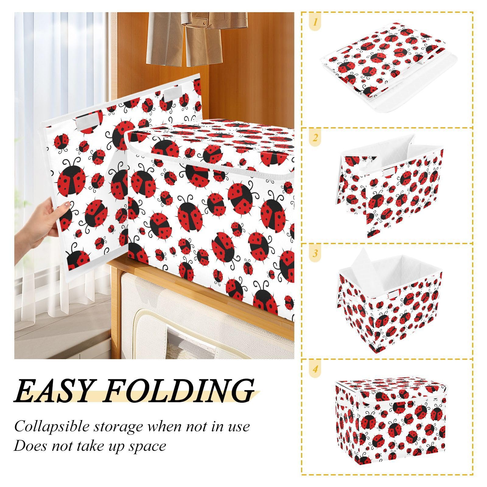 Krafig Animal Cute Ladybug Decorative Storage Box with Lid Large Bins Baskets Foldable Cube Organizer Collapsible Containers for Organizing, Toy, Home, Shelf, Closet