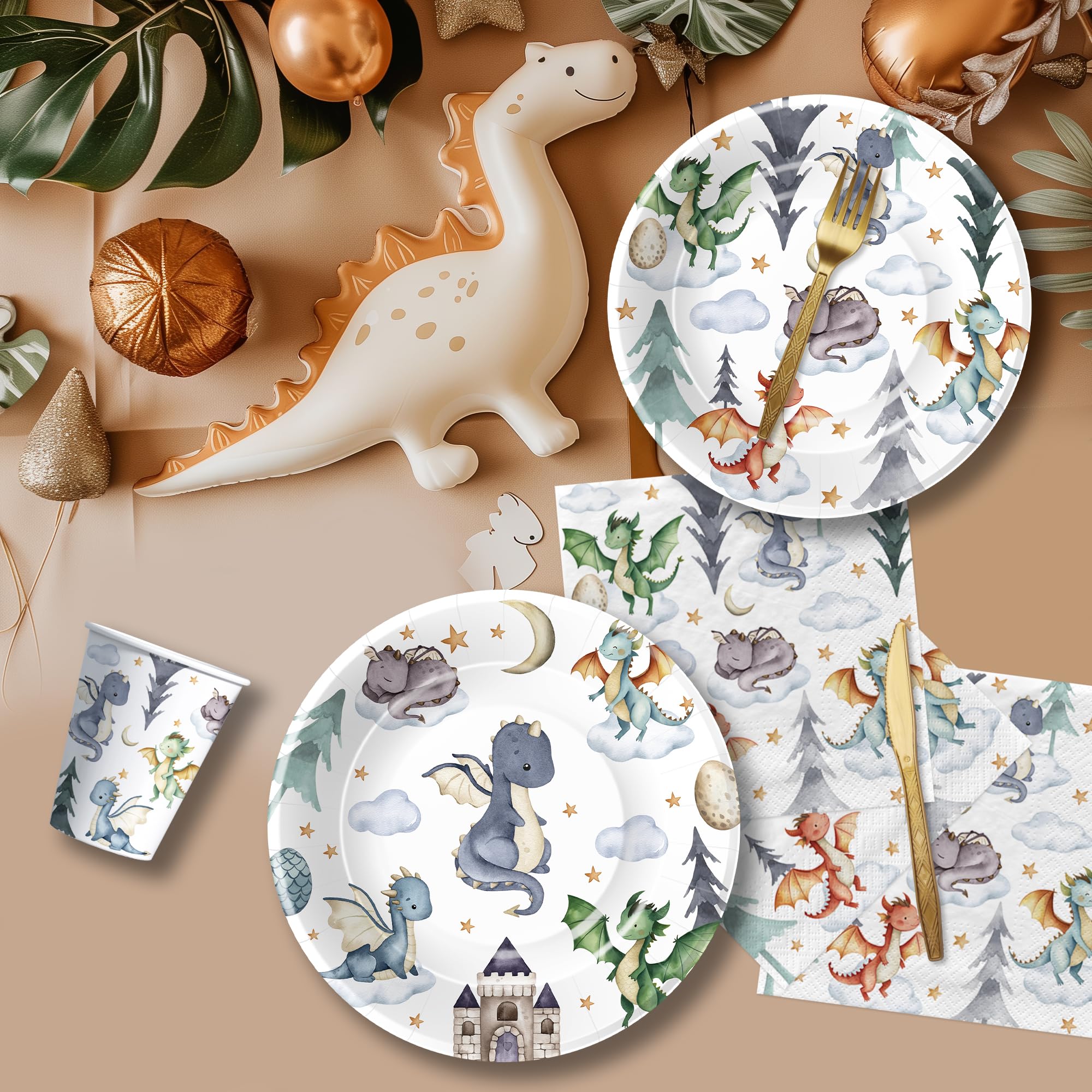 Suhelkit Dragon Birthday Party Supplies - Dragons Party Decorations Tableware, Paper Plate, Napkin, Cup, Cutlery, Magical Dragon Birthday Decorations, Dragon Baby Shower Table Decorations | 24 Guests