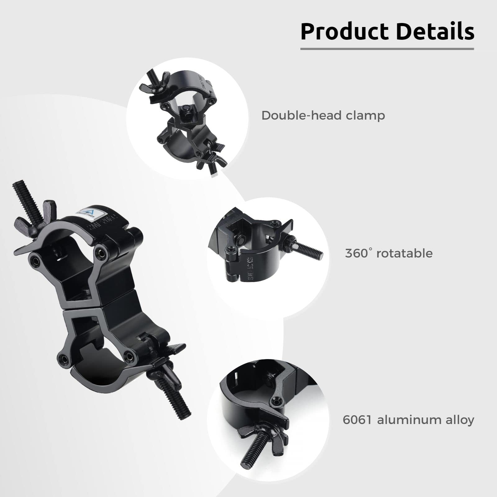 Lighting Truss Swivel Coupler Clamp 4pcs, Fits Pipe 1¼-1⅜"(32-35mm), Double-Head Lighting Stage Light Clamp, Max Load 110lbs, DJ Light Clamp, Heavy Duty Aluminum Alloy, Black