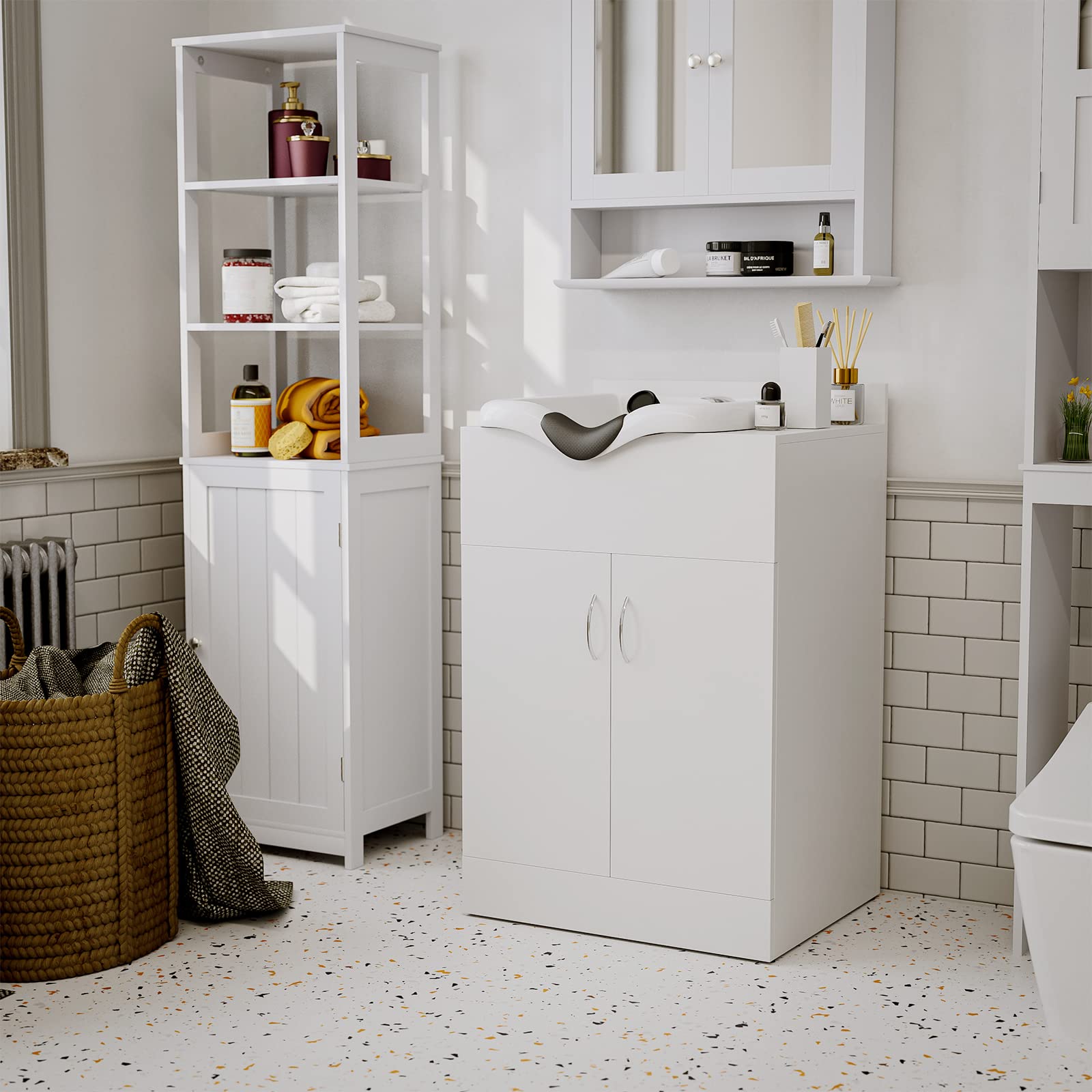 Paddie White Shampoo Backwash Station for Salons, Salon Station with Shampoo Bowl, Suitable Height match with Shampoo Chair