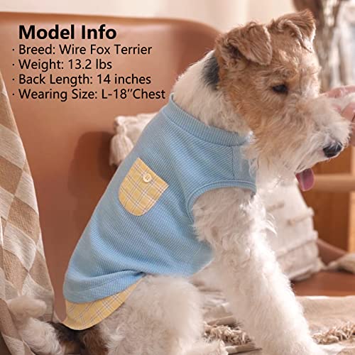 KYEESE Waffle Dog Shirt, Blue, L-Chest(18), Soft Stretchy, Lightweight, Breathable, Sleeveless, Plaid Patchwork, Small Breeds, Round Neck