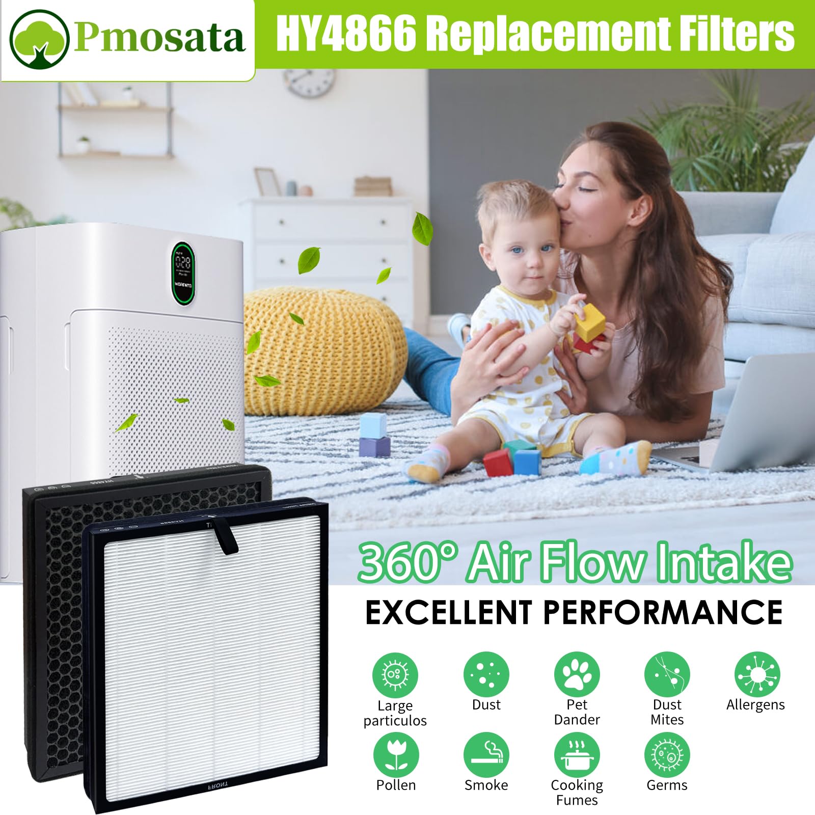 Pmosata 2 pack HY4866 Replacement Filter Compatible with MORENTO HY4866 Air Purifier and YIOU M1 Air Purifier,upgrade 2-In-1 H13 Ture HEPA Filter