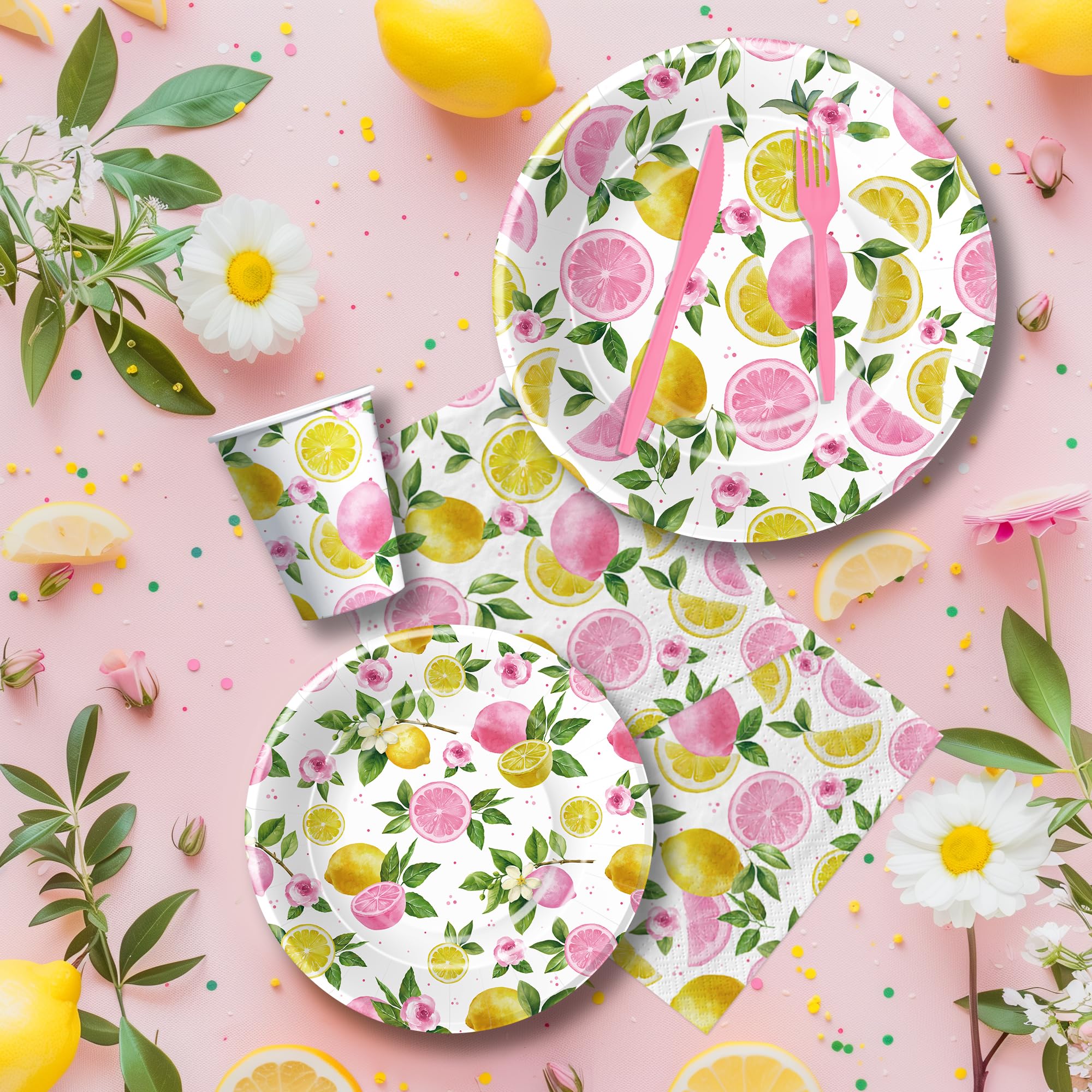 Suhelkit Lemon Party Decorations Tableware For Girls - Lemon Birthday Party Supplies, Plate, Napkin, Cup, Cutlery, Summer Pink Lemon Baby Shower Bridal Shower Table Decorations Dinnerware | 24 Guests