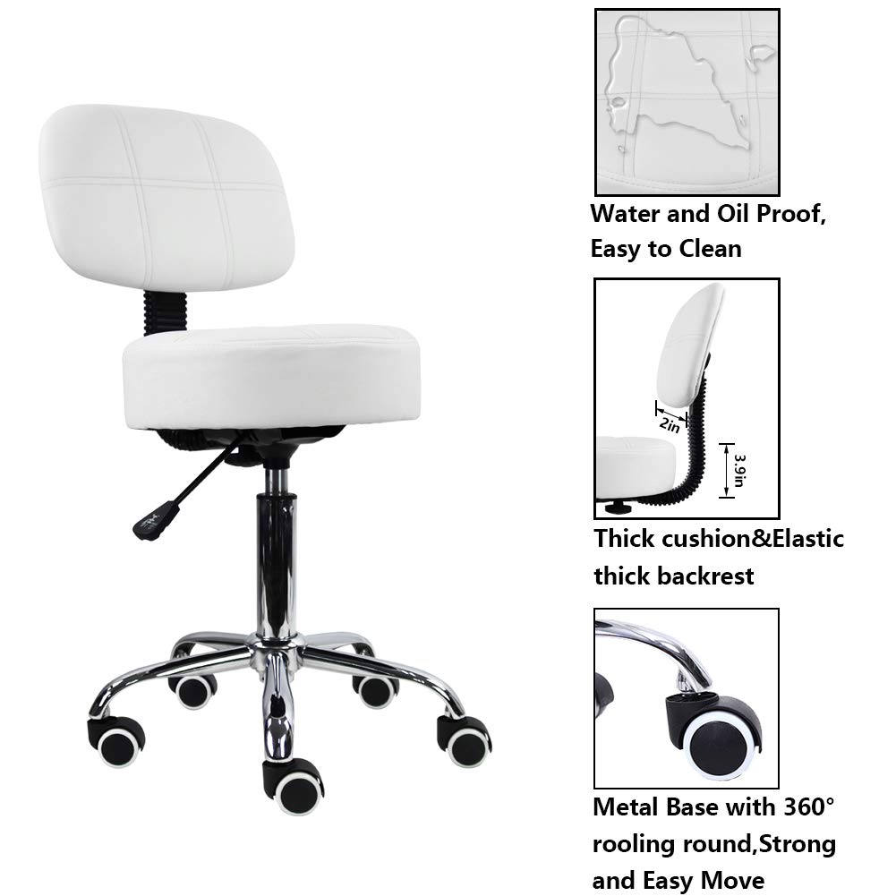 KKTONER Round Rolling Stool with Back PU Leather Height Adjustable Swivel Drafting Work SPA Salon Stools Chair with Wheels White