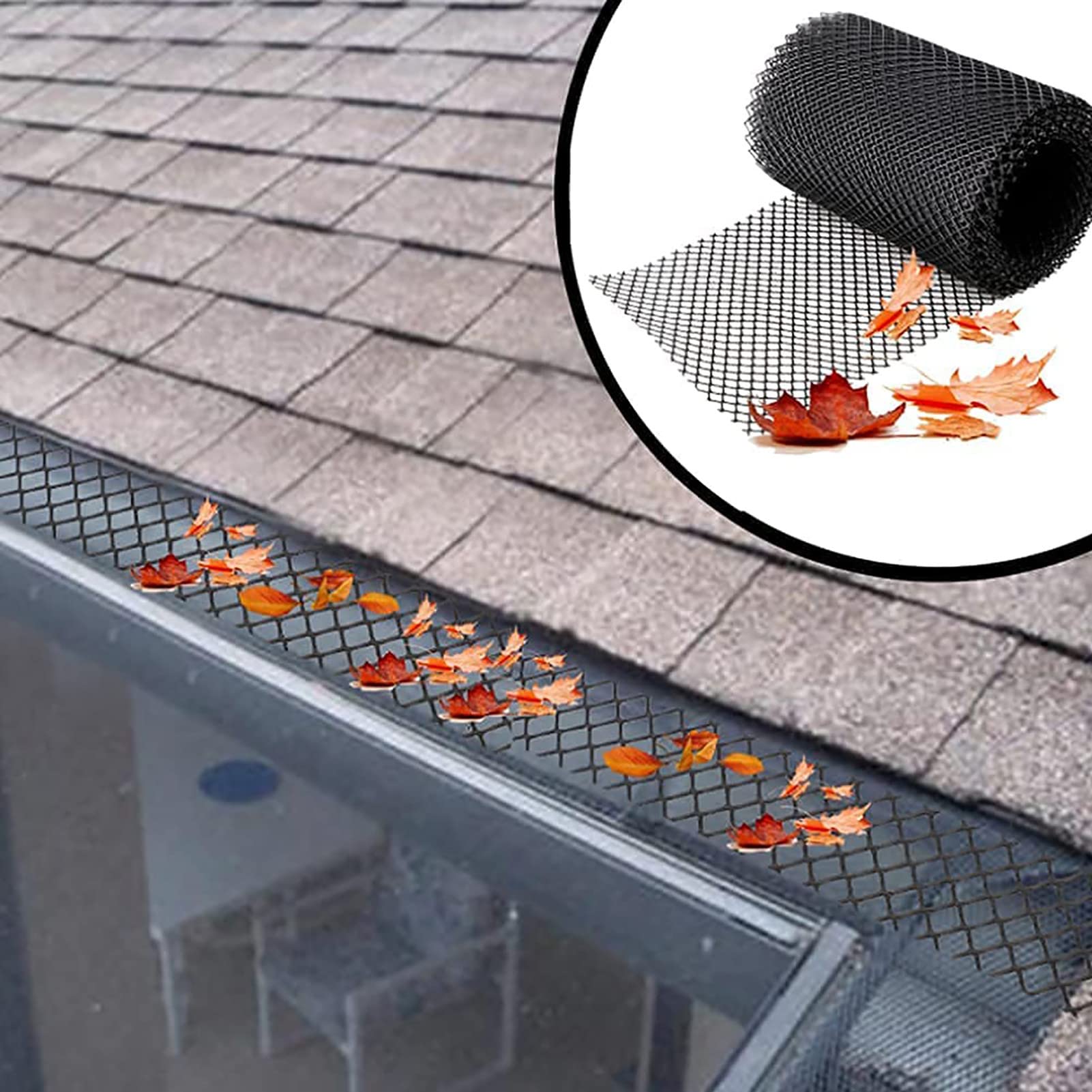 Gecorid Mesh Gutter Guard Protection Mat, 6m x 15cm Gutter Guard Mesh Roll, 15 Fixing Hooks, Keeps Leaves and Clutter Out of Gutter, Prevent Clogging and Overflowing