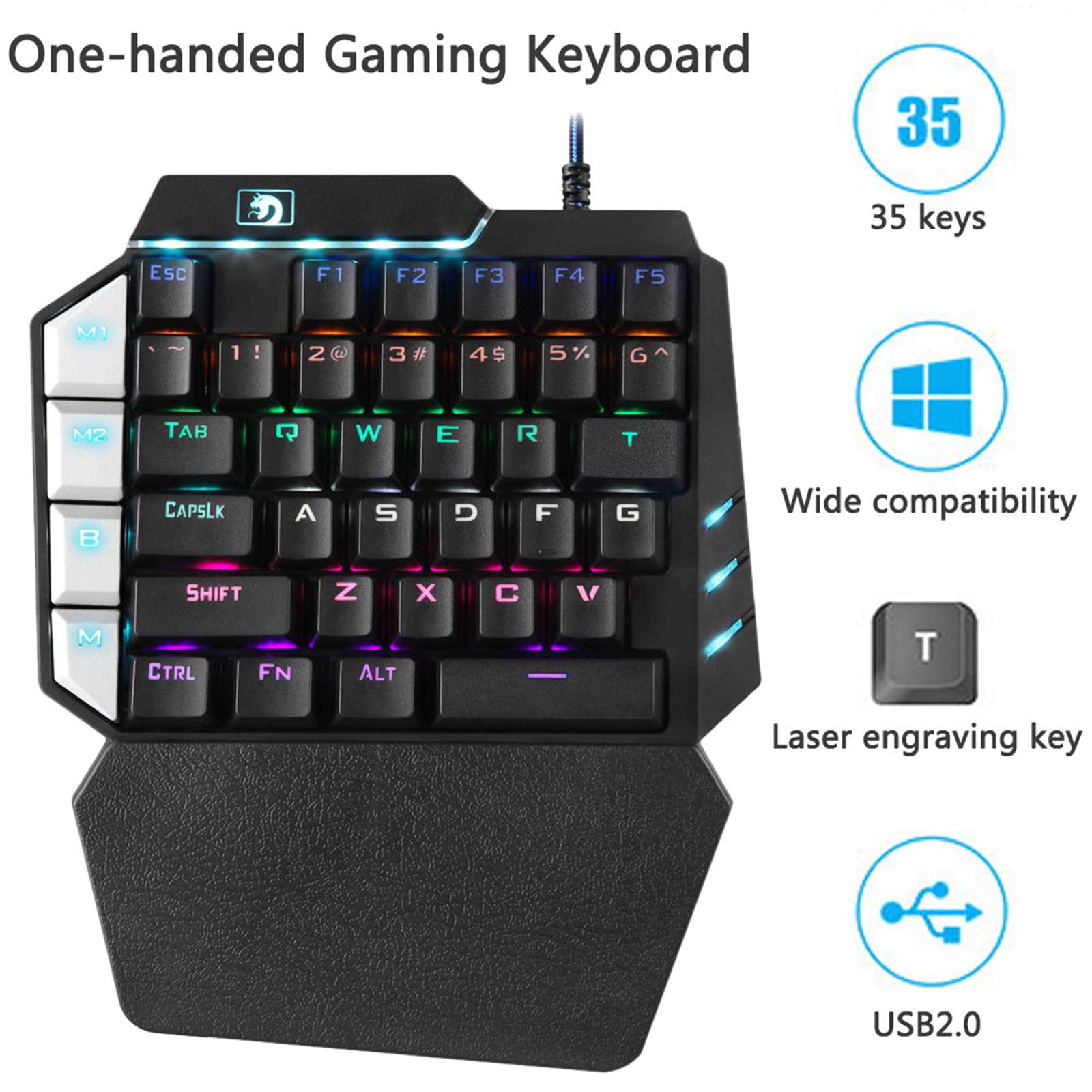 PMUYBHF One-Handed Mechanical Gaming Keyboard, Gaming Keypad with 7 Rainbow Racing Lantern Light effect, 38 Keys