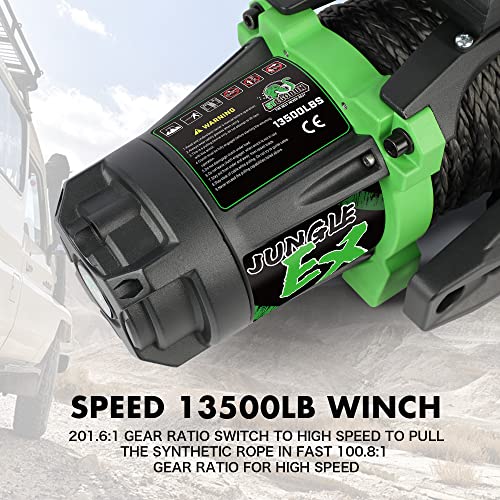 STEGODON Winch 13500 lb. Electric Winch Synthetic Rope Winch,12V Power Waterproof Winch with 2 in 1 Wireless Remote for Towing Jeep Truck Off Road (Jungle EX)
