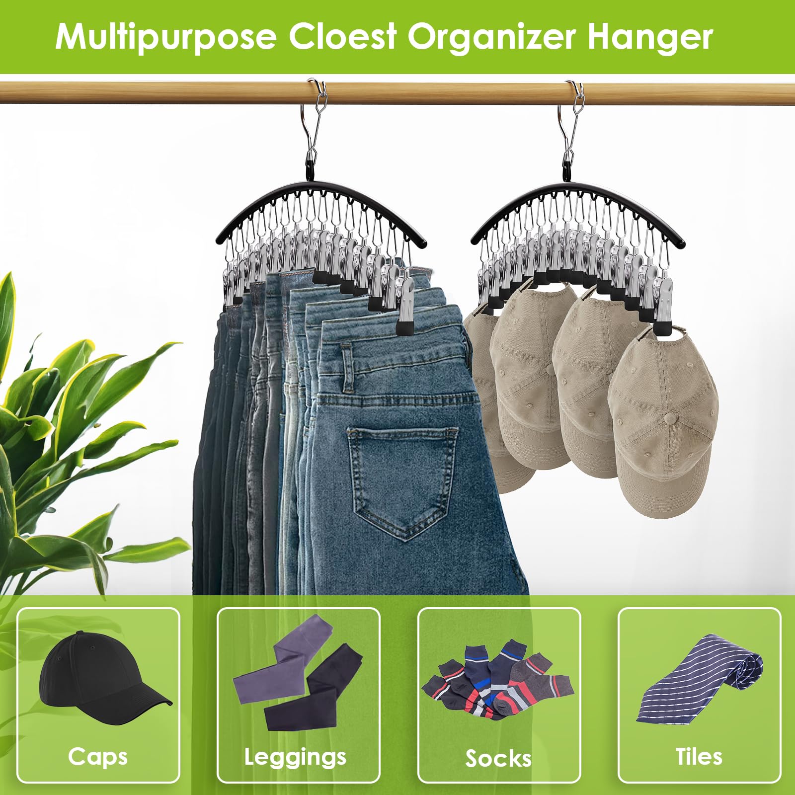 Legging Organizer for Closet,Feverdes Metal Pants Hangers with Rubber Coated with Clips Hold Leggings/Jeans/Skirts,Space Saving Hanging Closet Organizers and Storage (2 Pack, Black)