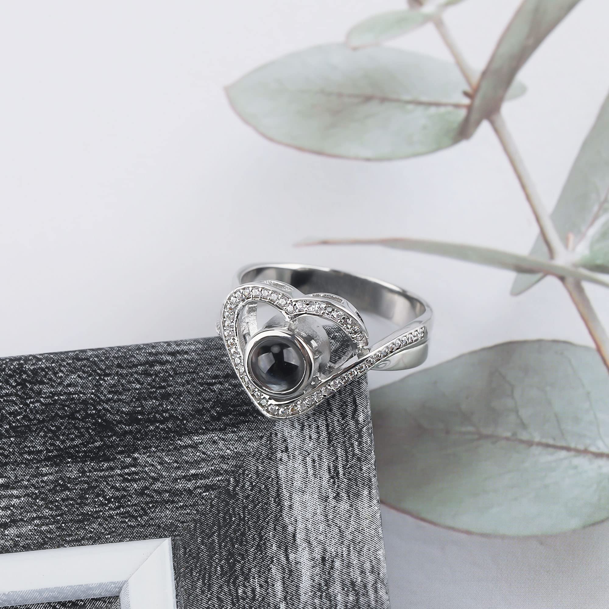 kindsnice Custom Photo Ring Personalized Projection Ring 925 Sterling Silver Heart Shaped Ring with Picture Inside I Love You 100 Language Heart Ring Wedding Band Engagement Ring for Women Mother