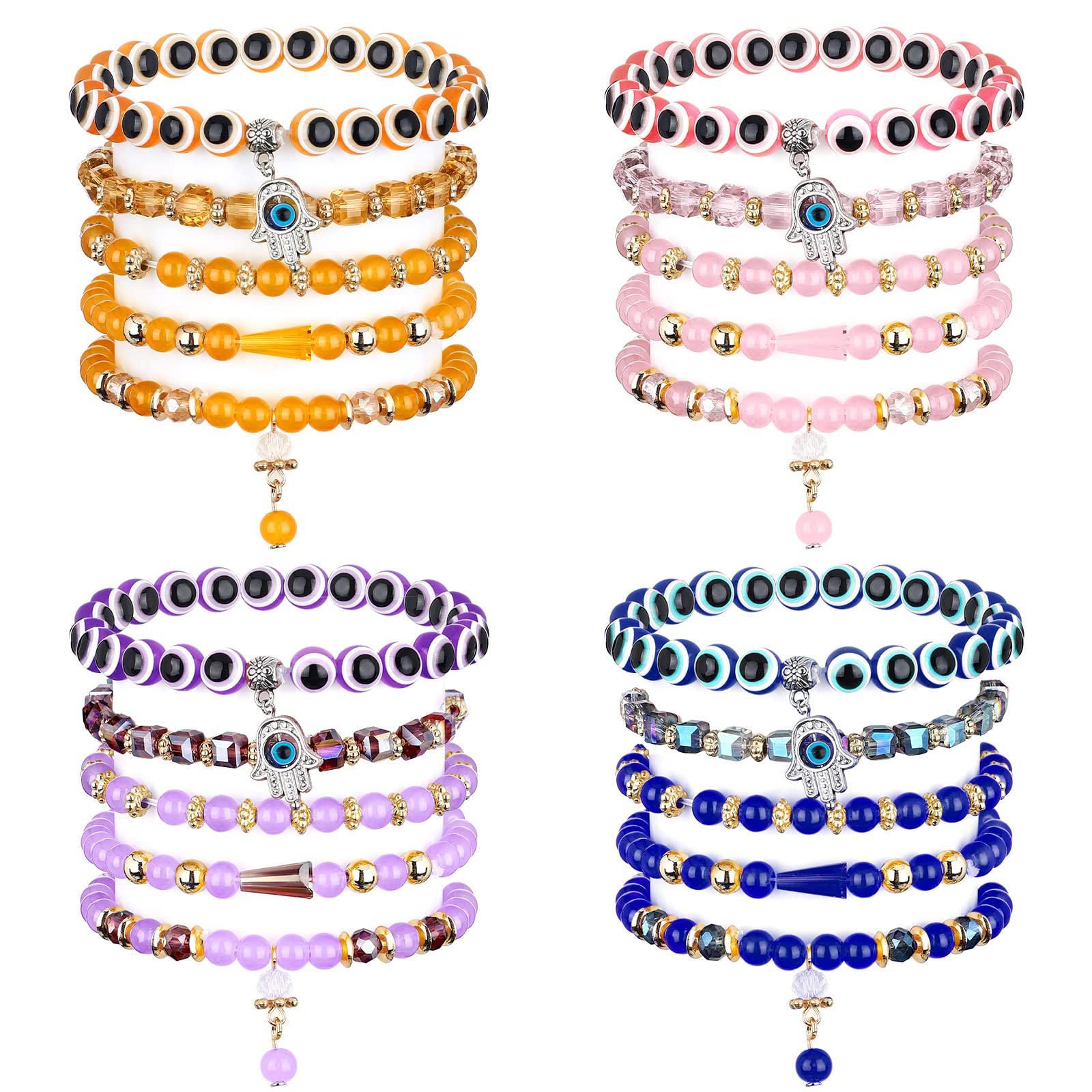 Kingdder 4 Sets Evil Eye Bracelet Multilayer Evil Eye Hamsa Hand Bracelet Lucky Evil Eye Bracelet Stackable Stretch Beads Bracelets Multicolor Crystal Beaded Lucky Protection Strand Bracelet Set