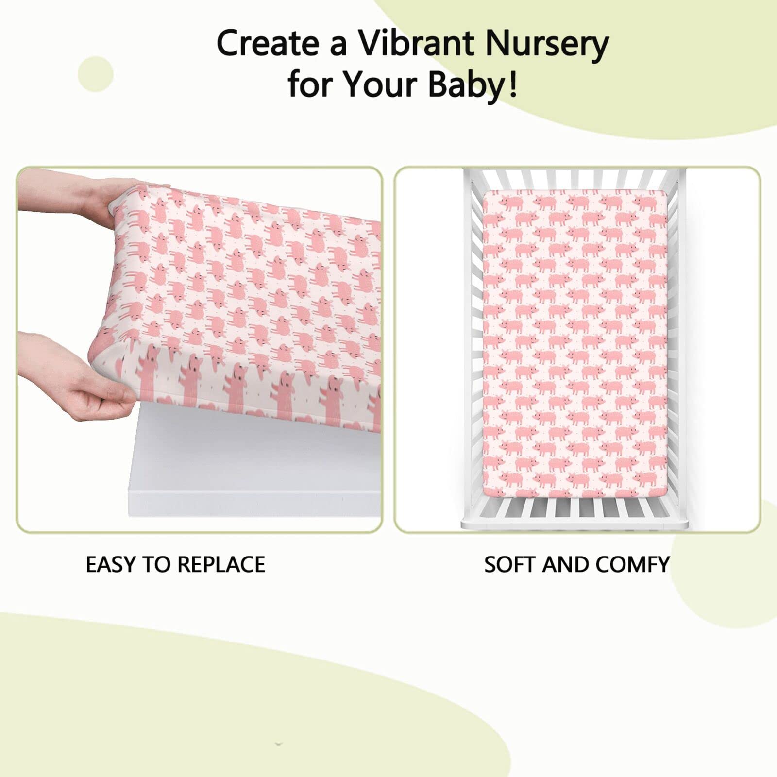 Pig Themed Fitted Mini Crib Sheets,Portable Mini Crib Sheets Soft and Breathable Bed Sheets-Crib Mattress Sheet or Toddler Bed Sheet,24β x38β,Pale Pink and Rose
