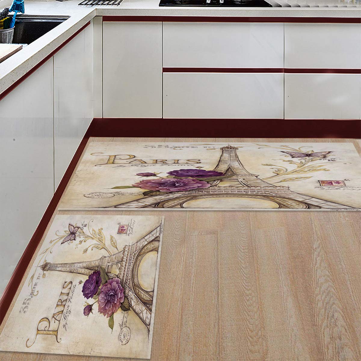 Kitchen Rugs, Eiffel Tower Paris Purple Flower Vintage Style Non Slip Long Runner Rug Mat for Floor, Kitchen, Bedside, Sink, Office, Laundry, Set of 2
