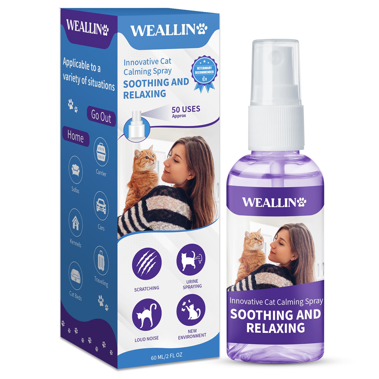 WEALLIN Cats Calming Spray (60 ML), Natural Calming Solution for Cats-Cat Facial Pheromone, Reduce Stress, Anxiety, Scratching, Hiding, Suit for Home, Travel, Vet Visits, Protect Furniture, Floors