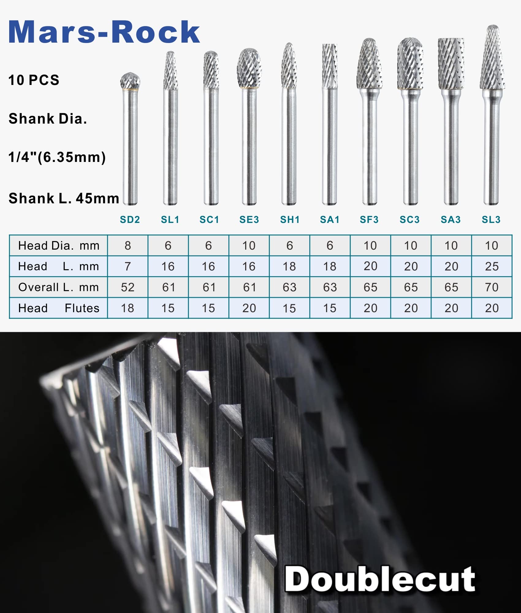 Mars-Rock Carbide Burr Set 1/4" Shank 10PCS w/Wood Base Die Grinder Bits Rotary Rasp File for Metal Welds Concrete Stone Wood Plastic Carving Cutting Chamfering Grinding Engraving Porting Trimming