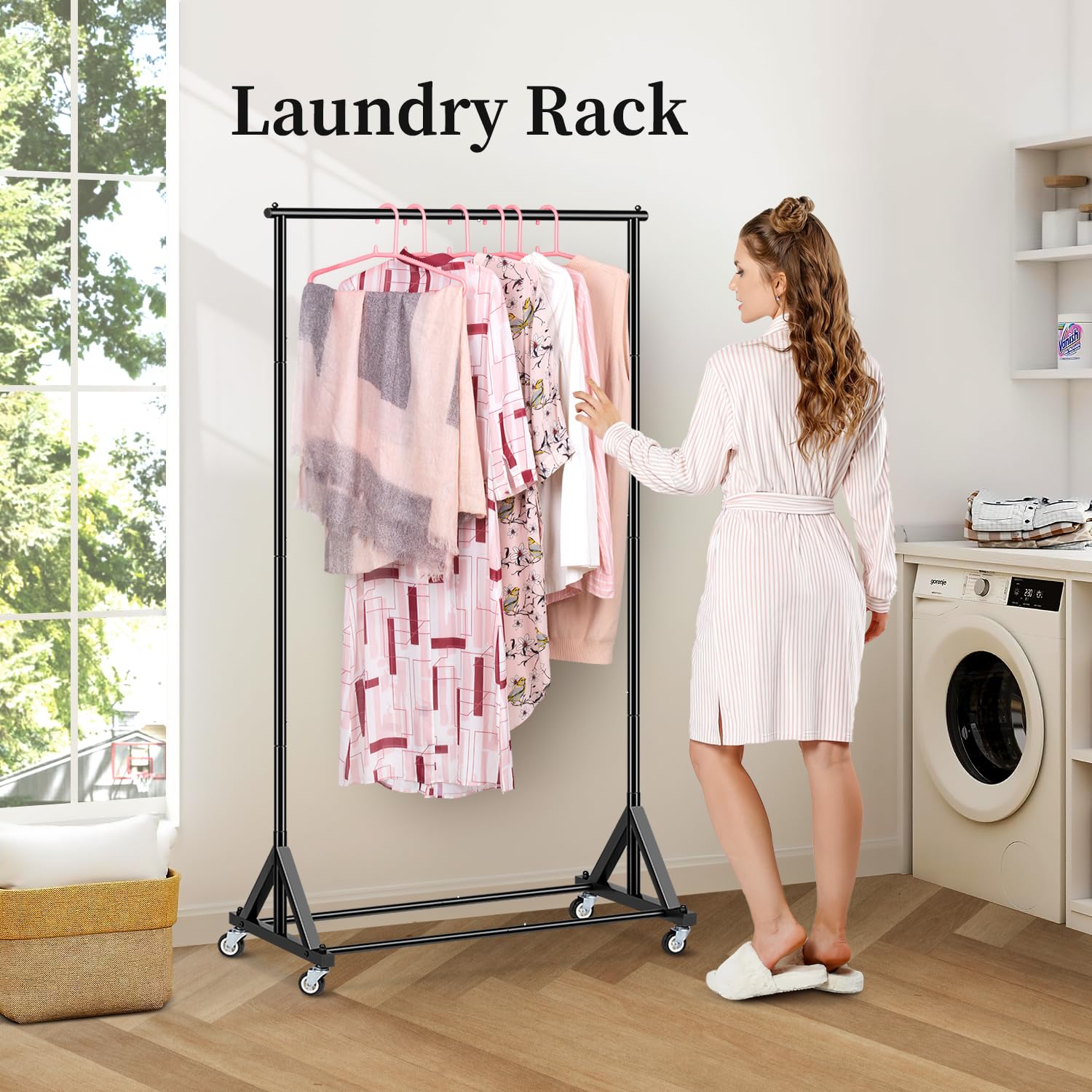 SLEEPING LAMB Heavy Duty Clothes Rack, Rolling Clothing Racks for Hanging Clothes Metal Garment Rack With Wheels, Clothes Hanger Rack for Coats, Shirts, Sweaters Wardrobe Rack (Black)