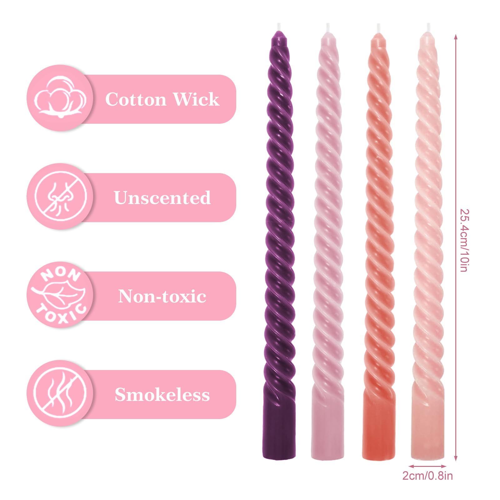 Whaline 8Pcs 10 Inch Pink Purple Gradient Color Spiral Taper Candles Dripless Twisted Wax Candles Long Unscented Candle Sticks for Wedding Displays Home Dining Table Supplies