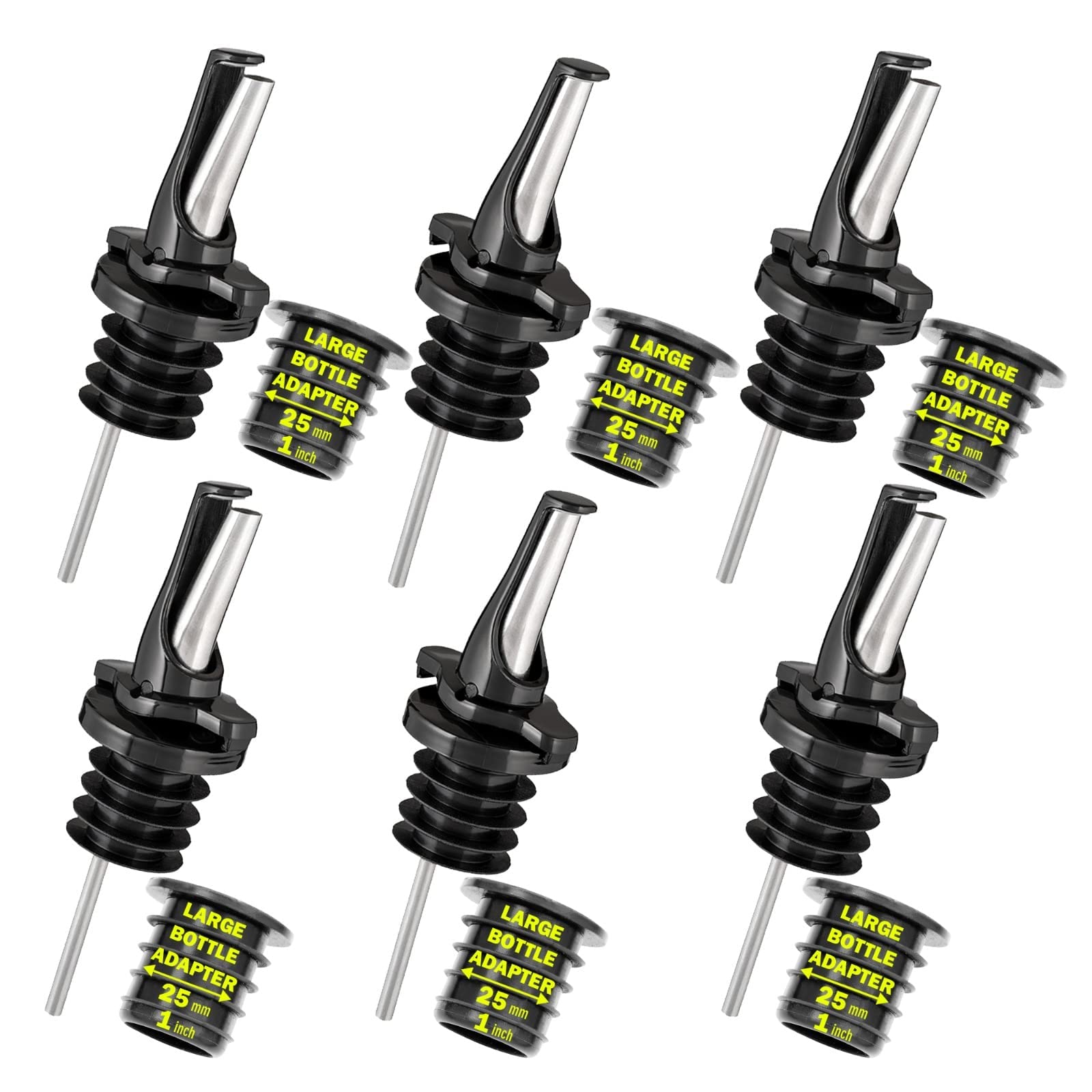 Liquor Bottle Pourers - Hygienic ClickSeal Alcohol Speed Pour Spouts - Stops Barfly, Dishwasher Safe. Also for Olive Oil, Juice, Syrup. Black 8 Pk with Adapters for Large Bottles