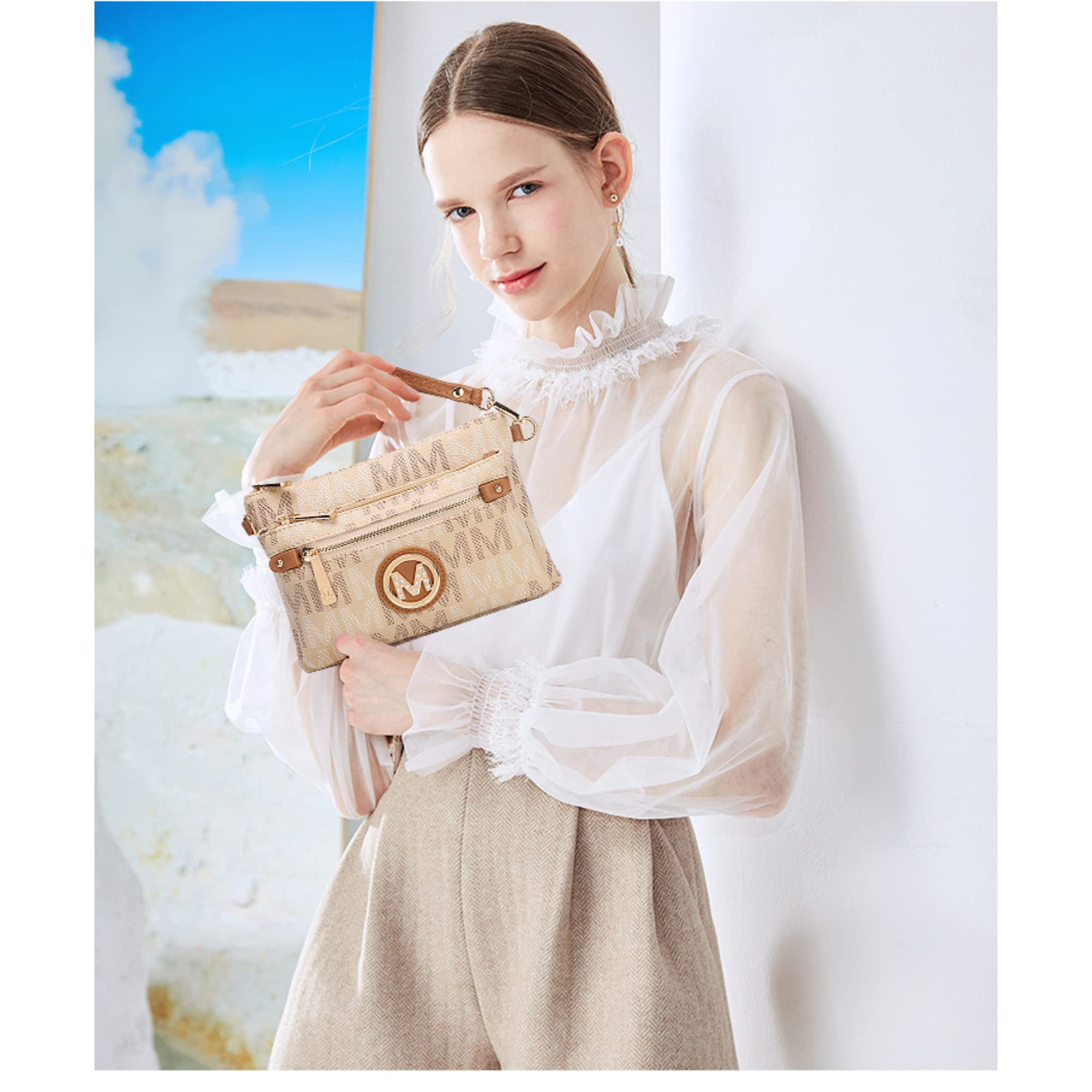 MKF Crossbody Bag for Women, Wristlet Strap β PU Leather Shoulder Handbag β Small Pocketbook Messenger Purse Tan