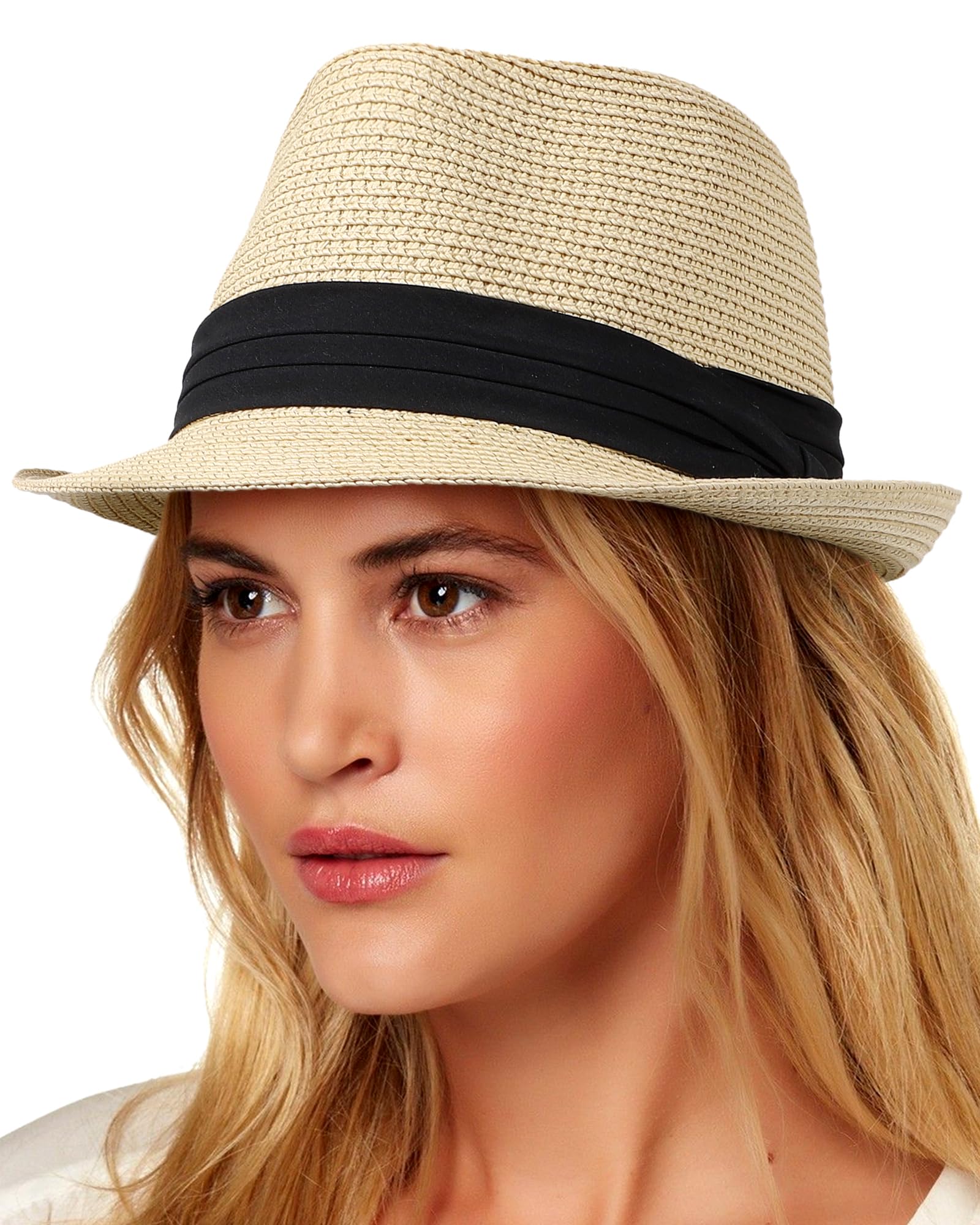 Lvaiz Womens Straw Hat Short Brim Panama Fedora Beach Sun Trilby Hat for Vacation Gentlemen Roll Up Summer Hat, Beige L