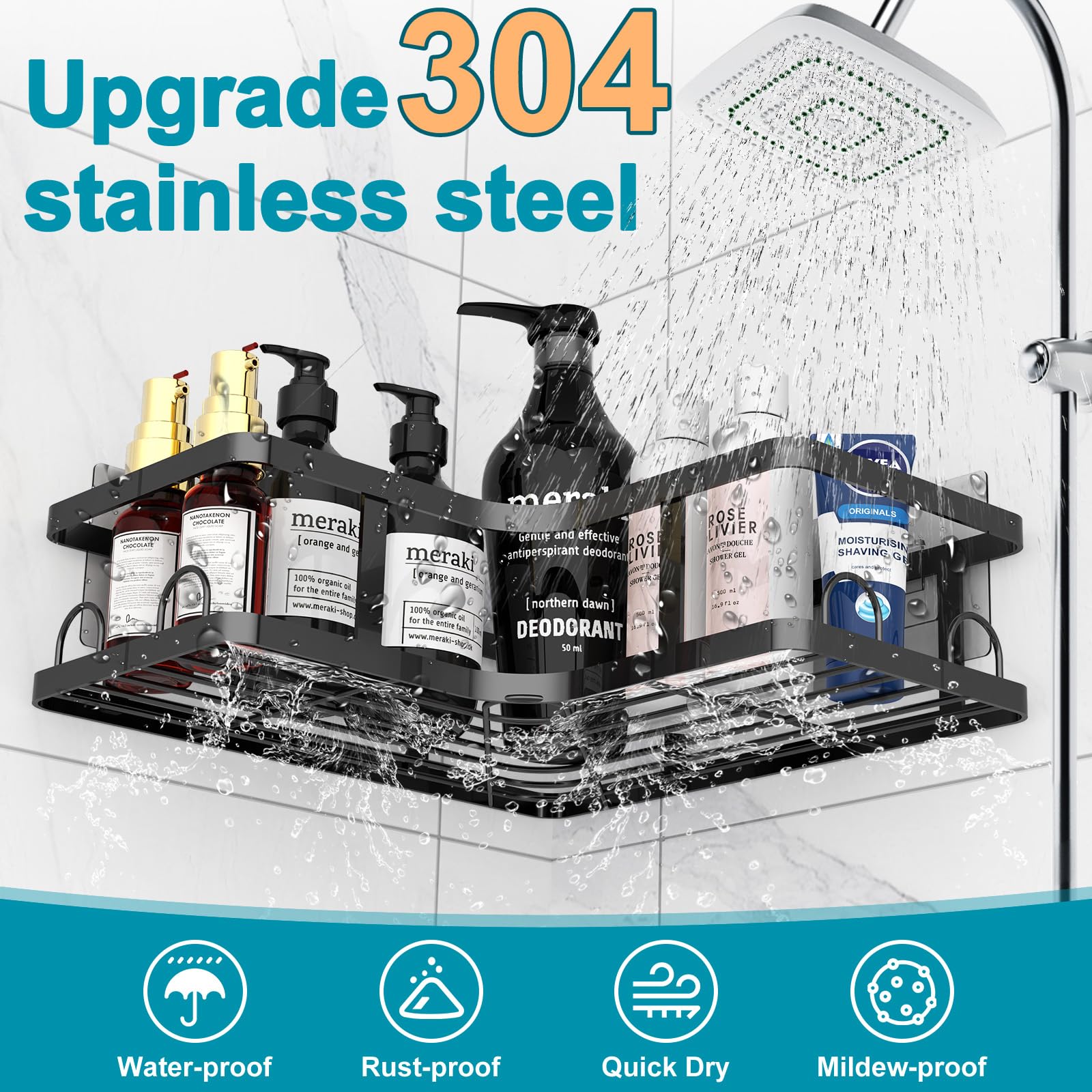 Prlsca 5 Pack Corner Shower Caddy,Large Capacity Adhesive Shower Organizer with Soap Holder & Toothpaste,No Drilling Stainless Steel Shower Shelves with Hooks for Bathroom, Dorm and Kitchen(Black)