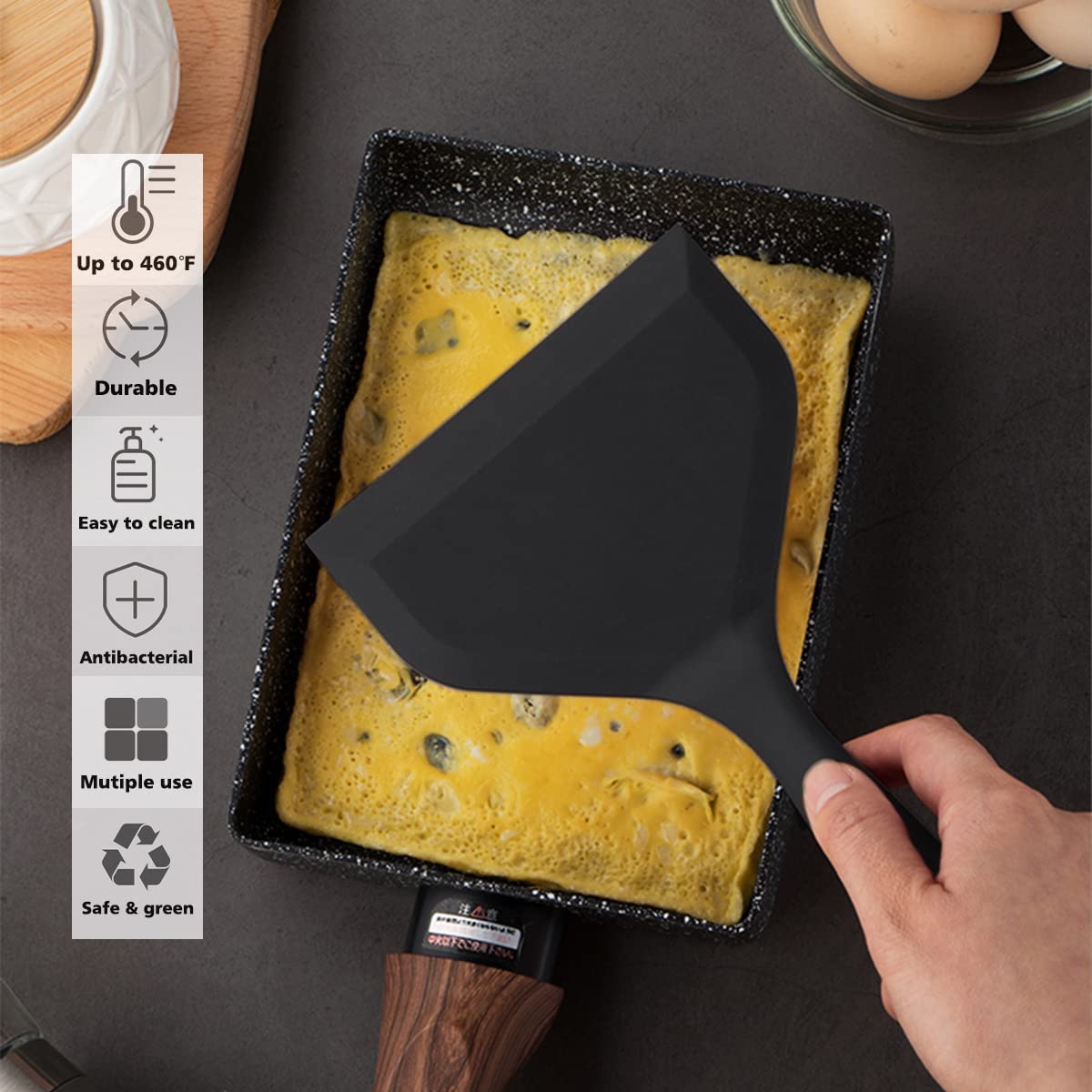 LISOS Tamagoyaki Pan Square Japanese Omelette Pan,Non-stick Egg Roll Pan,Rectangle Frying Pan Wood Handle,with Silicone Brush & Black silicone spatula,Grey