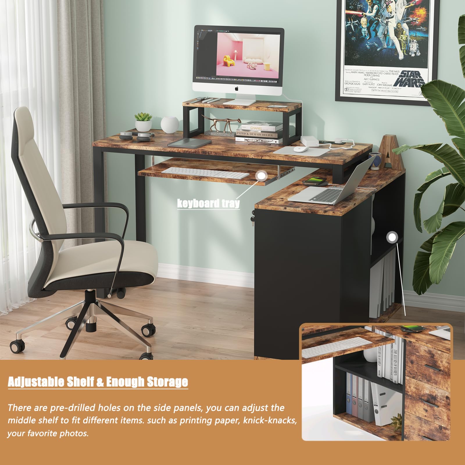 Hsozptry L Shaped Desk with Power Outlet & Drawers, Reversible Corner Computer Desk with Keyboard Tray, Monitor Stand & Storage Shelve, Large Home Office Desk, Rustic Brown