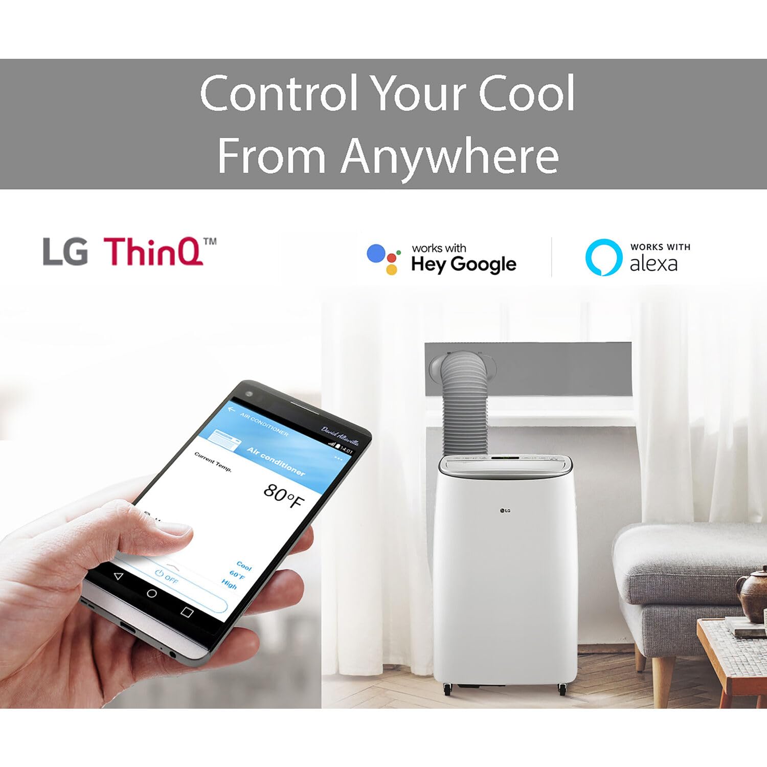 LG Dual Inverter Portable Air Conditioner Unit for Medium Rooms, Bedroom, Office, Kitchen, Dining Room, 115V, Cools up to 500 Sq. Ft., 3 Speeds, 24-hour Timer, with Wi-Fi Control and Remote, White