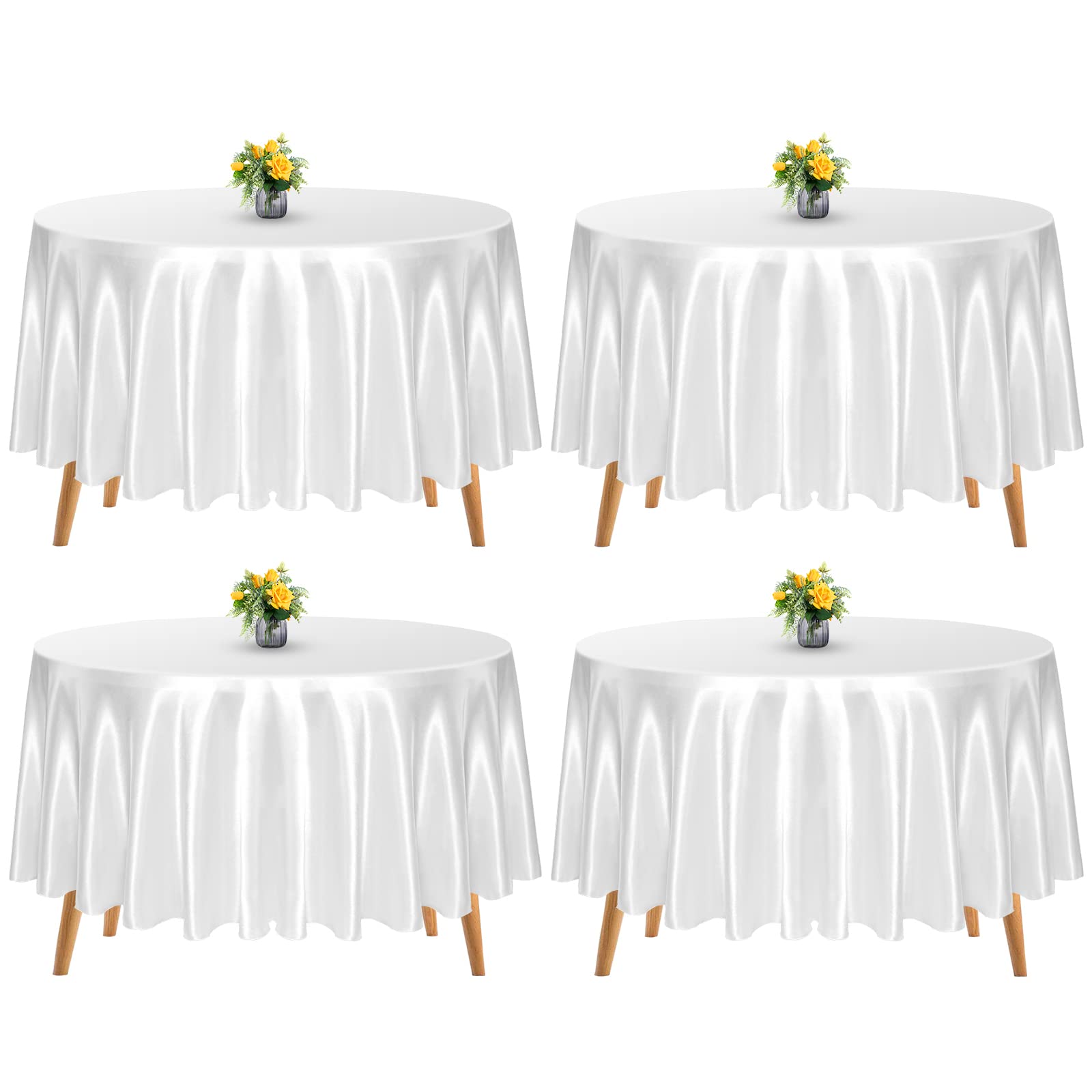 Lykoow 4 Packs Satin Tablecloth 108 Inch Round Silky White Satin Tablecloth 108inch Bright Tablecloth Smooth Fabric Table Decoration for Parties Holiday Wedding Birthday Banquet