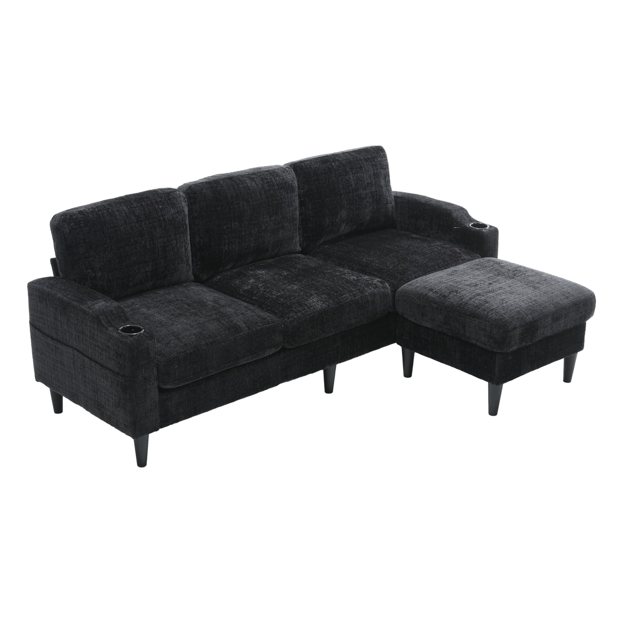OUYESSIR 77.4" Chenille L Shaped Sectional Sofa Couch, 3 Seat Sofa with Convertible Storage Ottoman and 2 Cup Holders, Modern Deep Seat Couch for Living Room Office Apartment, Black