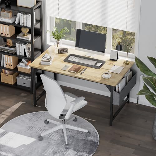 Shahoo 48 Inch Computer Desk, Wood Modern Simple PC Home Office Table with Storage Bag and Headphone Hook for Home, Office, Study, Writing, Oak