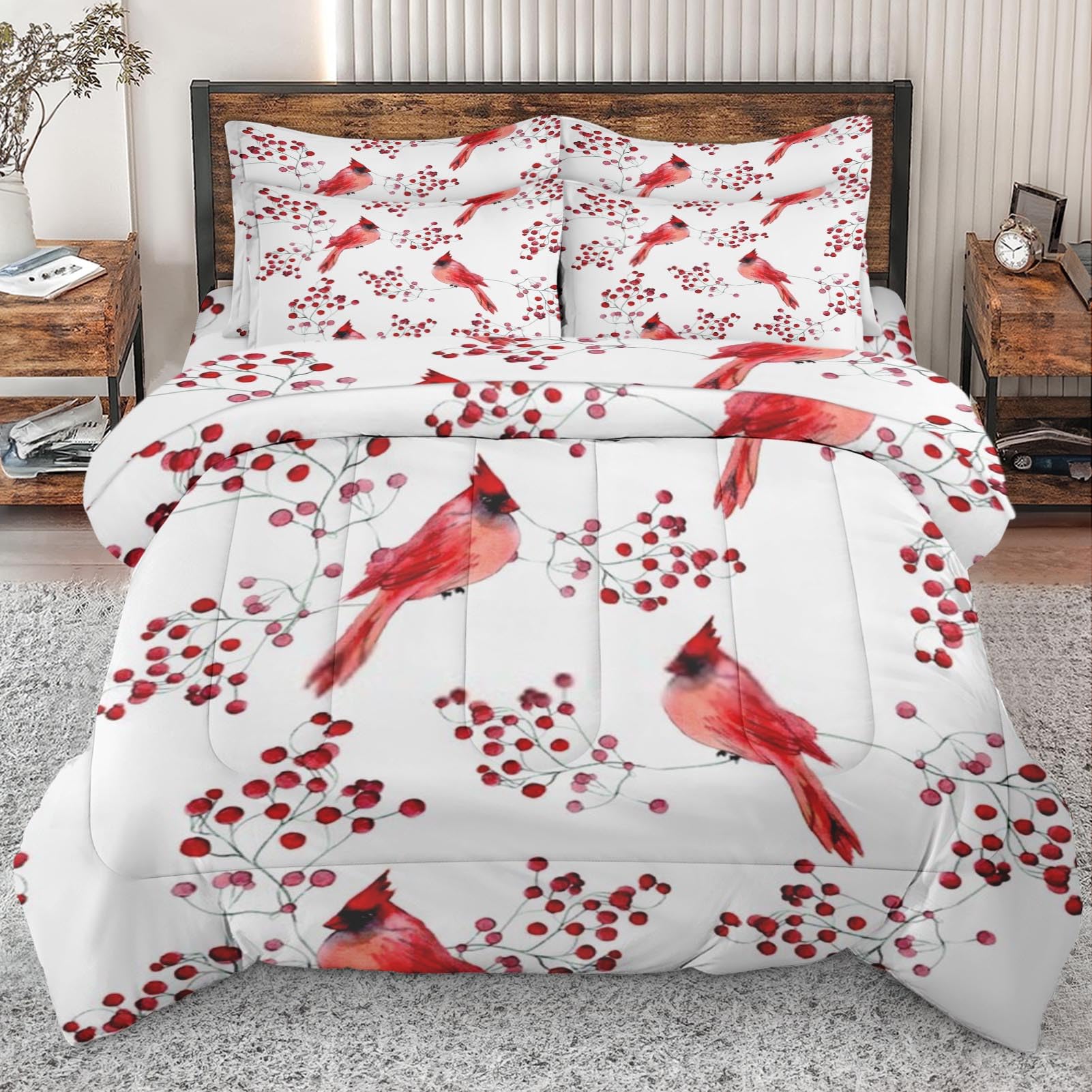 Pinbeam 7 Pcs Comforter Set Queen Size, Cute Winter Cardinal Bed in a Bag with Flat Sheet and Fitted Sheet for Kids and Adults, Birds Christmas Red Bedding Set with Pillowcases & Shams