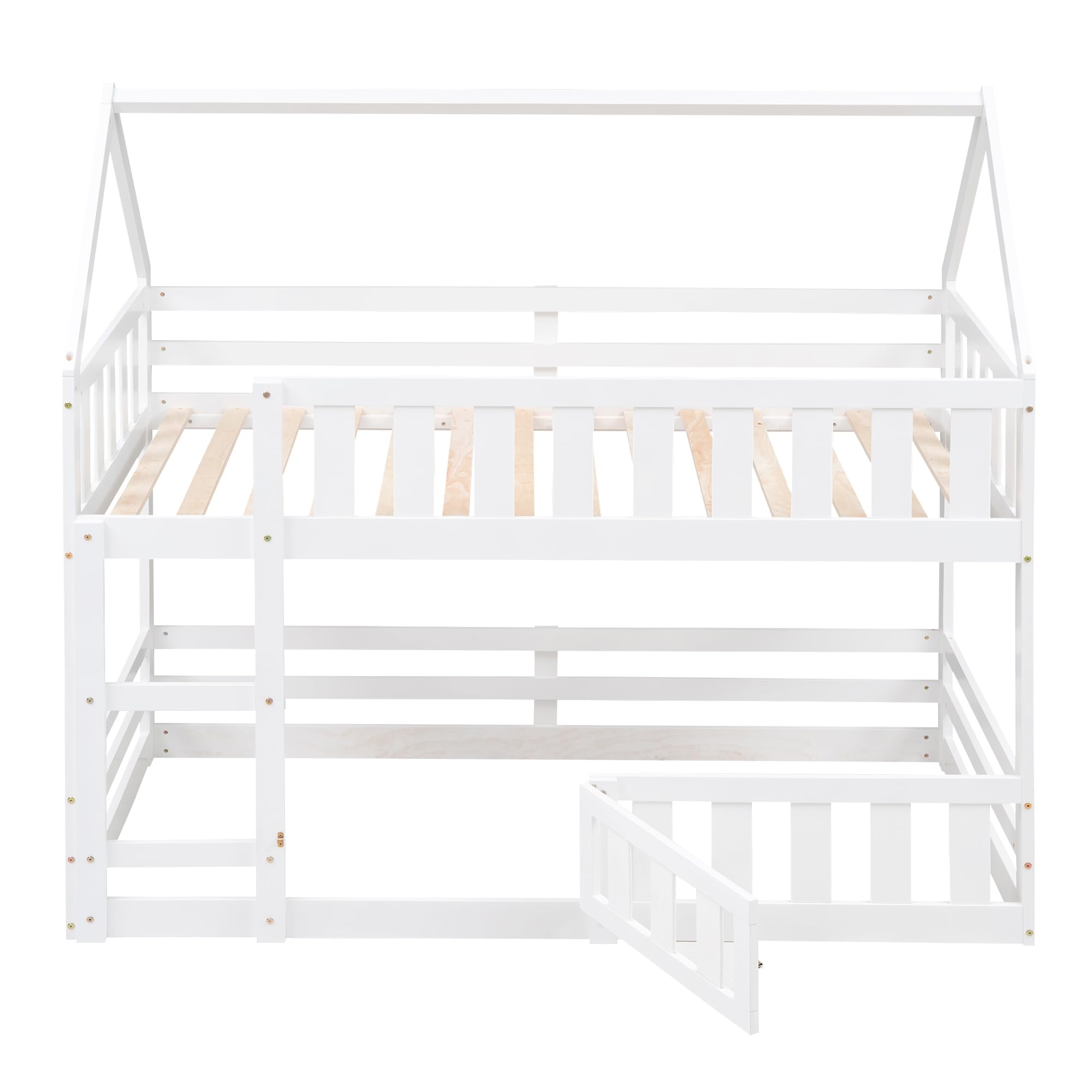 RuiSiSi Twin Size Floor Low Bunk Bed with Fence and Door, Wood Bunk Bed Frame with Guardrails and Ladder, House Shaped Bunk Bed for Kids, White