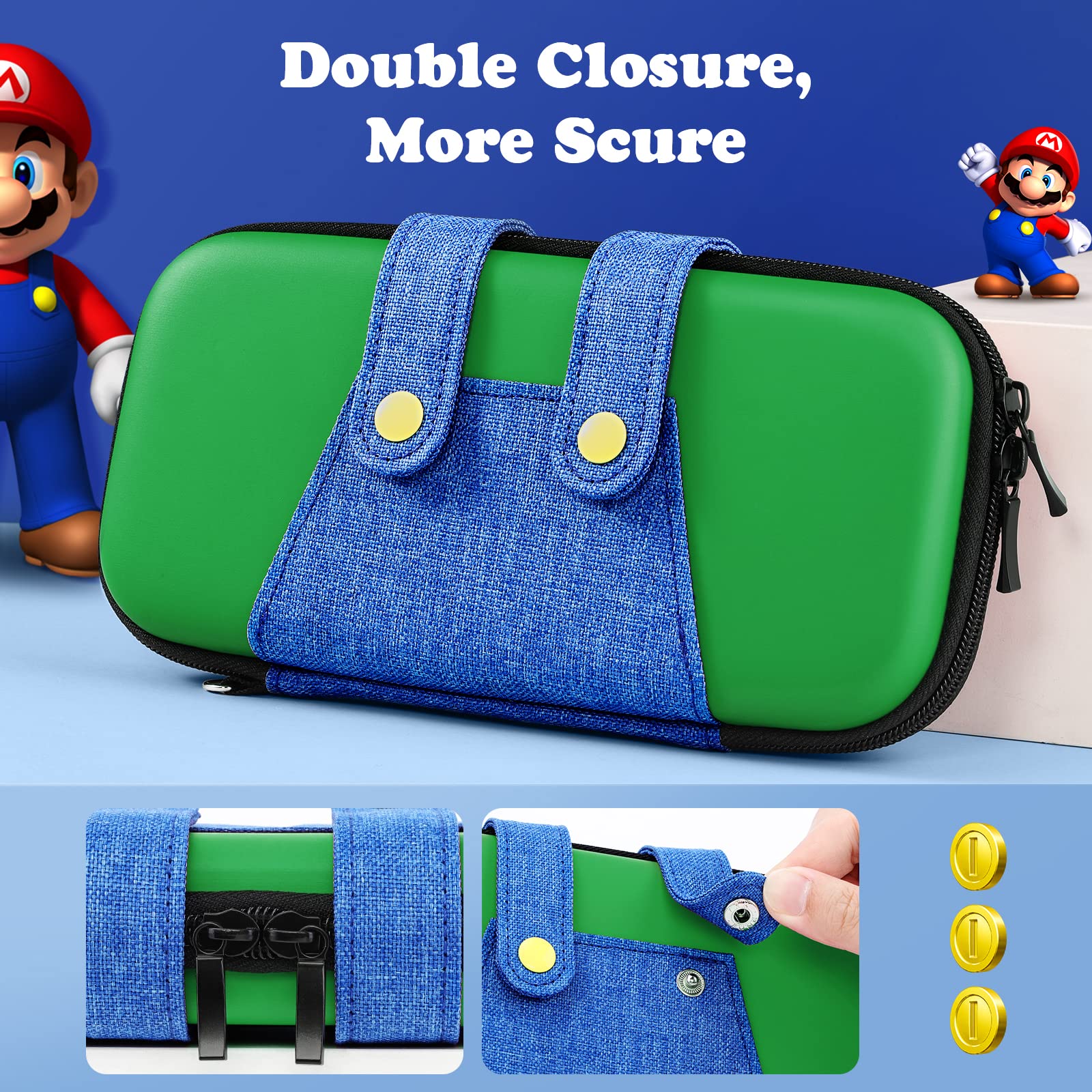 MoKo Carrying Case Compatible with Nintendo Switch Lite, Portable Protective Hard Shell Cover Travel Carrying Case Storage Bag with 10 Game Cartridge Holder & detachable Hand Strap, Luigi Green
