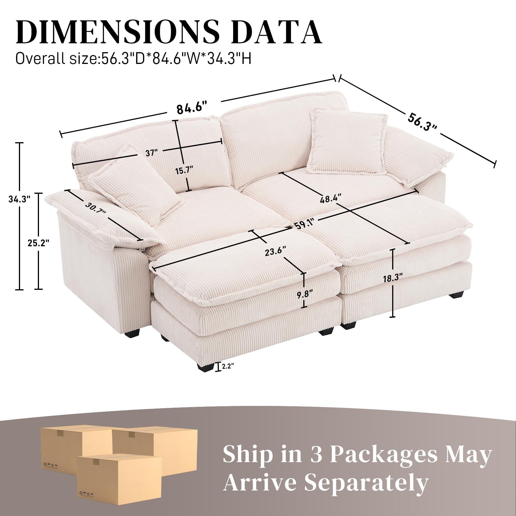 OUYESSIR Oversized Loveseat Sectional Sofa Couch with 2 Ottoman, 84.6" Modern Upholstered Corduroy Modular Cloud Couch, Comfy Deep Seat L Shaped Sofa for Living Room, Small Space, Grey