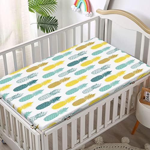 Pineapple Themed Fitted Mini Crib Sheets,Portable Mini Crib Sheets Soft and Breathable Bed Sheets-Baby Sheet for Boys Girls,24โ x38โ,White and Multicolor