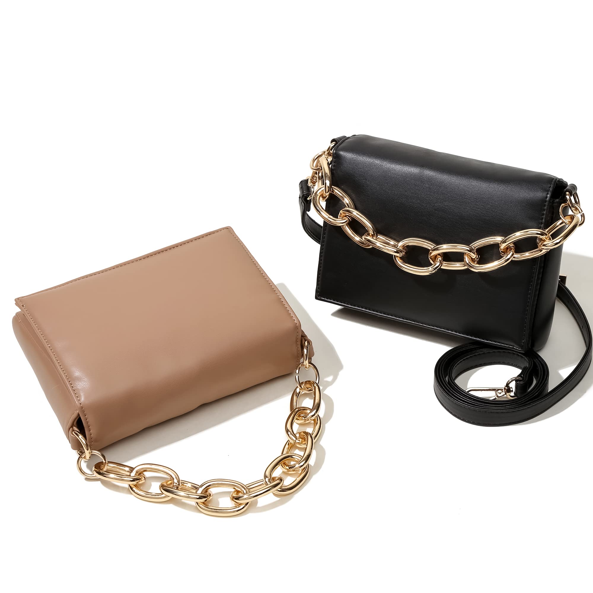 Like Dreams Womens Soft Vegan Leather Crossbody Bag Oversized Gold Chain Detachable Strap Small Hobo Handbag (Black)